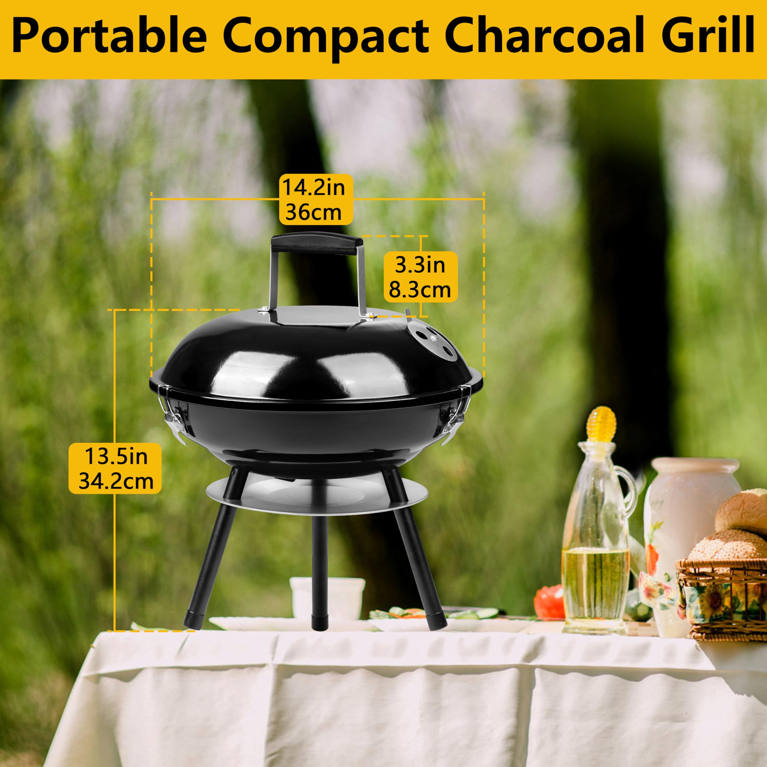 14Inch Portable Outdoor Charcoal Grill, Leonyo Small Tabletop BBQ Charcoal Grill Enamel Coated for Backyard Cooking, Camping, Picnics, Garden, Beach, Black