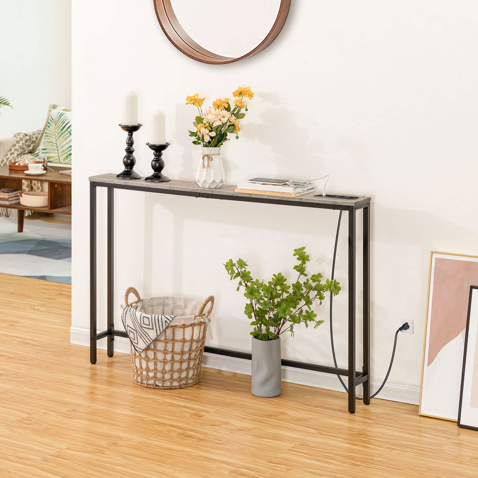 HOOBRO 47.2" Skinny Console Table with Power Outlets, 5.9" Behind Couch Table with Charging Station, Narrow Sofa Table, Long and Thin Table for Entryway, Living Room, Greige BG15XG01G1