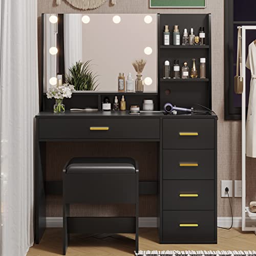 AOGLLATI Makeup Vanity Set with Lights & Charging Station, Vanity Desk with Lights, Black Makeup Desk with Cushioned Stool, Visible Drawers, Jewelry Organizers