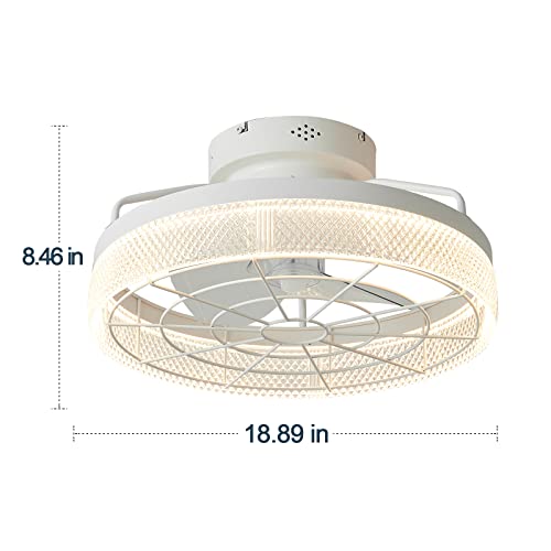 YUZEAL 18.9 Inch Low Profile Ceiling Fans with Lights and Remote, Modern Small bladeless Farmhouse Caged Round Flush Mount Dimmable LED Lighting, Memory, 3 Colors, Reversible Blades (White)