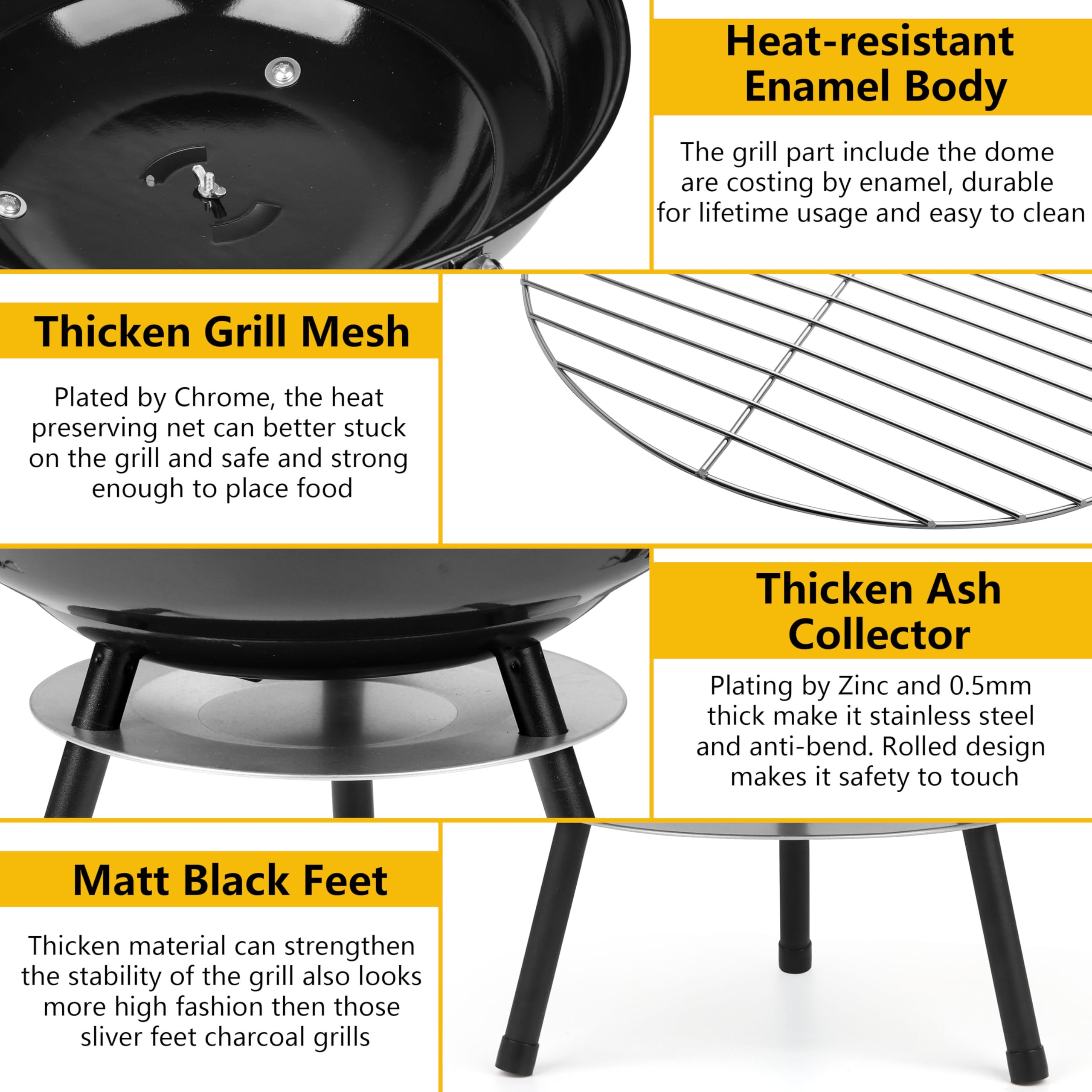14Inch Portable Outdoor Charcoal Grill, Leonyo Small Tabletop BBQ Charcoal Grill Enamel Coated for Backyard Cooking, Camping, Picnics, Garden, Beach, Black
