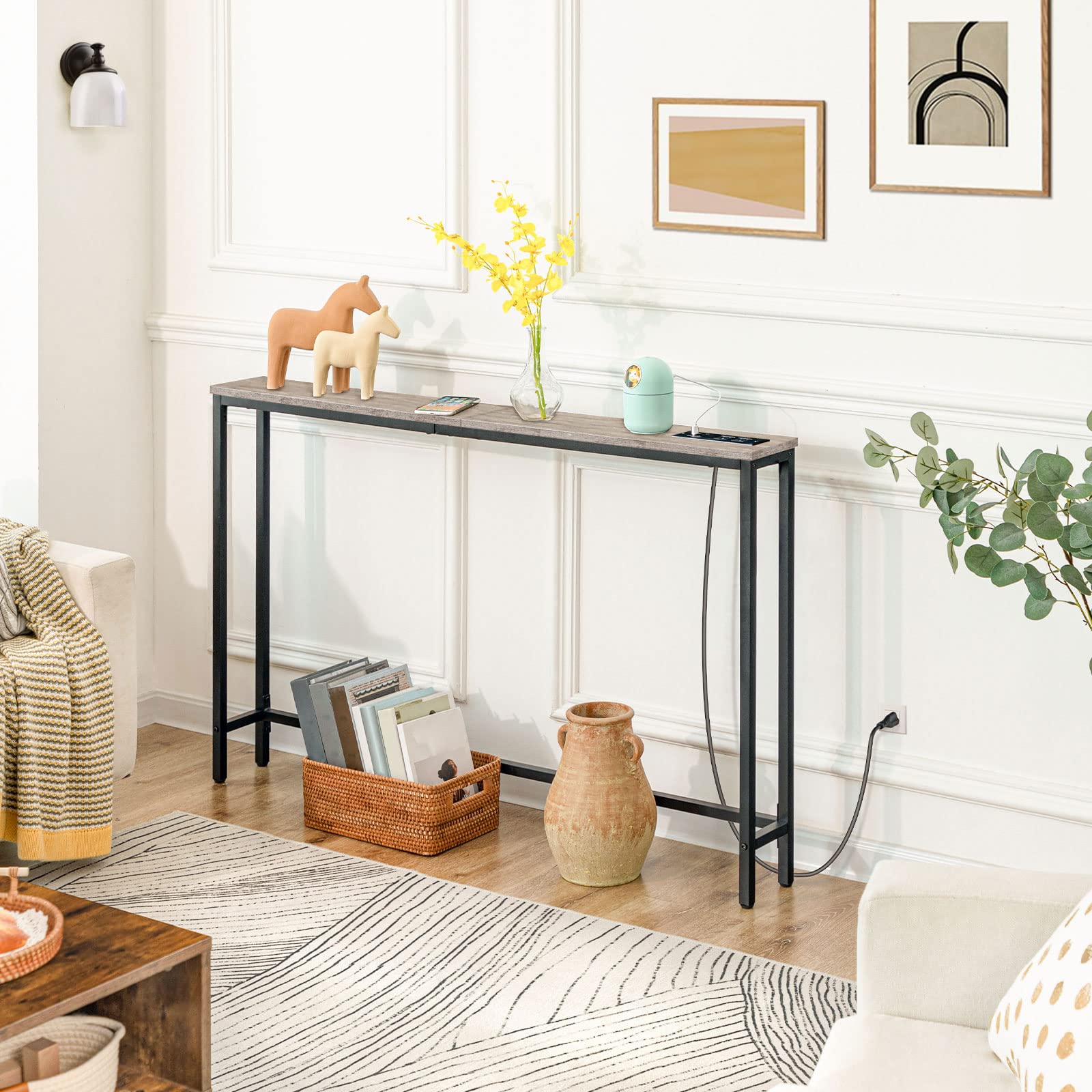 HOOBRO 47.2" Skinny Console Table with Power Outlets, 5.9" Behind Couch Table with Charging Station, Narrow Sofa Table, Long and Thin Table for Entryway, Living Room, Greige BG15XG01G1