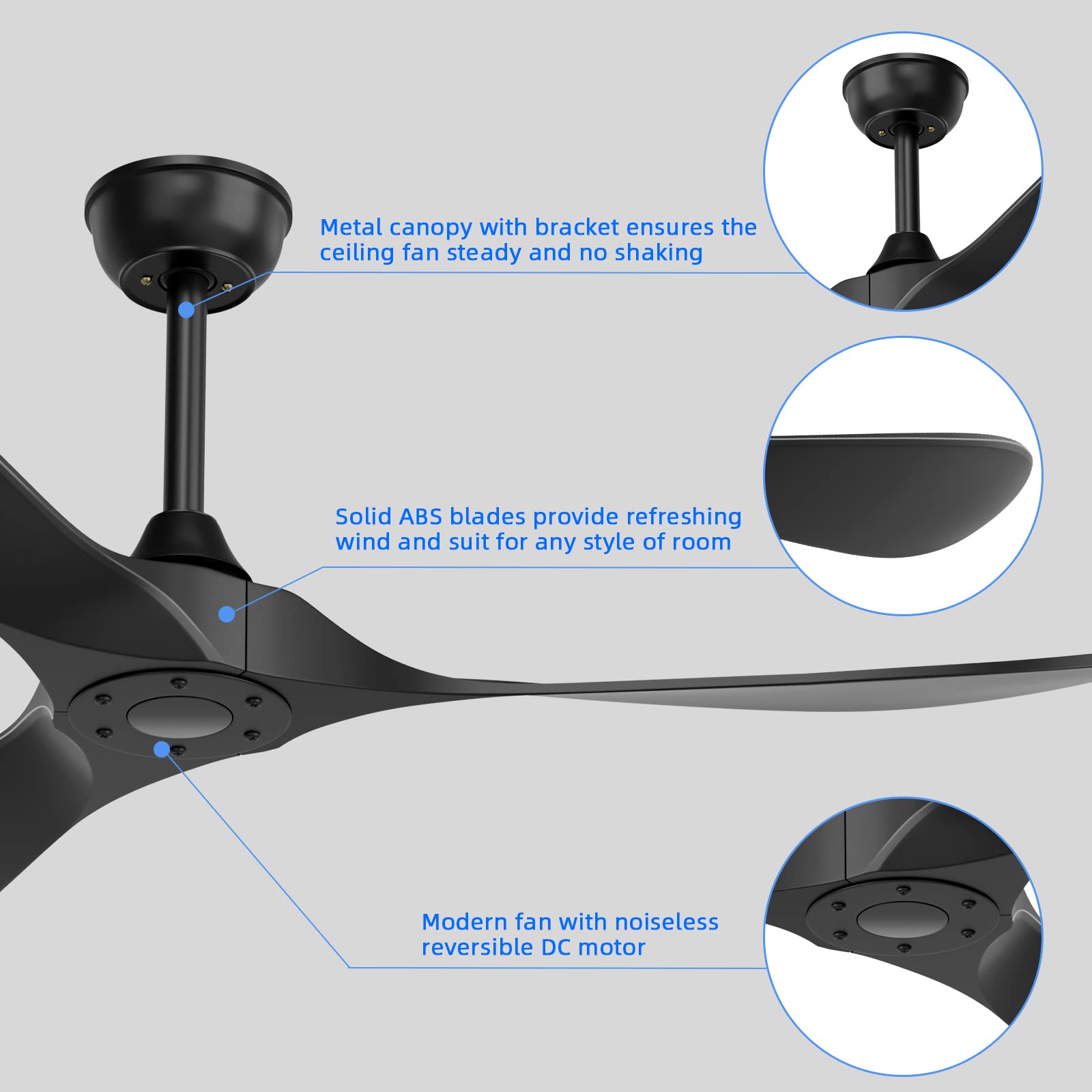 alescu Outdoor Ceiling Fan 60" with Remote Control,Modern Reversible DC Motor for Patio Bedroom Living Room Outdoor Ceiling Fans Black