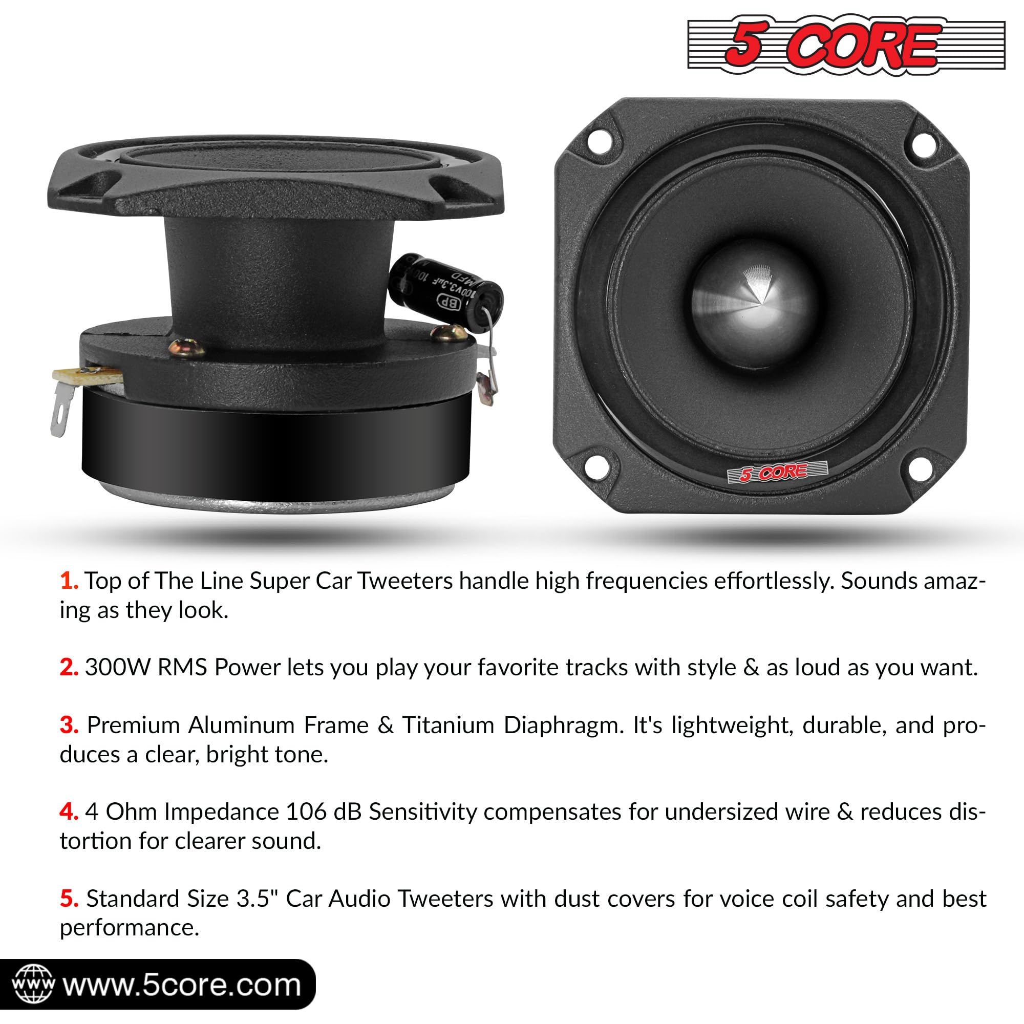 5 CORE Tweeters Speakers Car Audio Pair 600W Combined Peak 4 Ohm 3.5 Inch Aluminum Super Bullet Tuiters para Sonido para Carro - TW BLT 150 BLK Pair