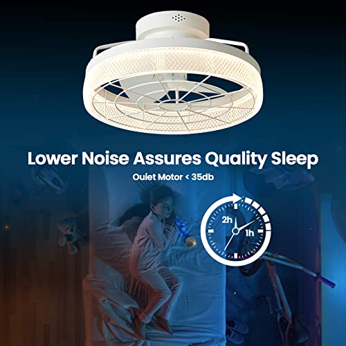 YUZEAL 18.9 Inch Low Profile Ceiling Fans with Lights and Remote, Modern Small bladeless Farmhouse Caged Round Flush Mount Dimmable LED Lighting, Memory, 3 Colors, Reversible Blades (White)