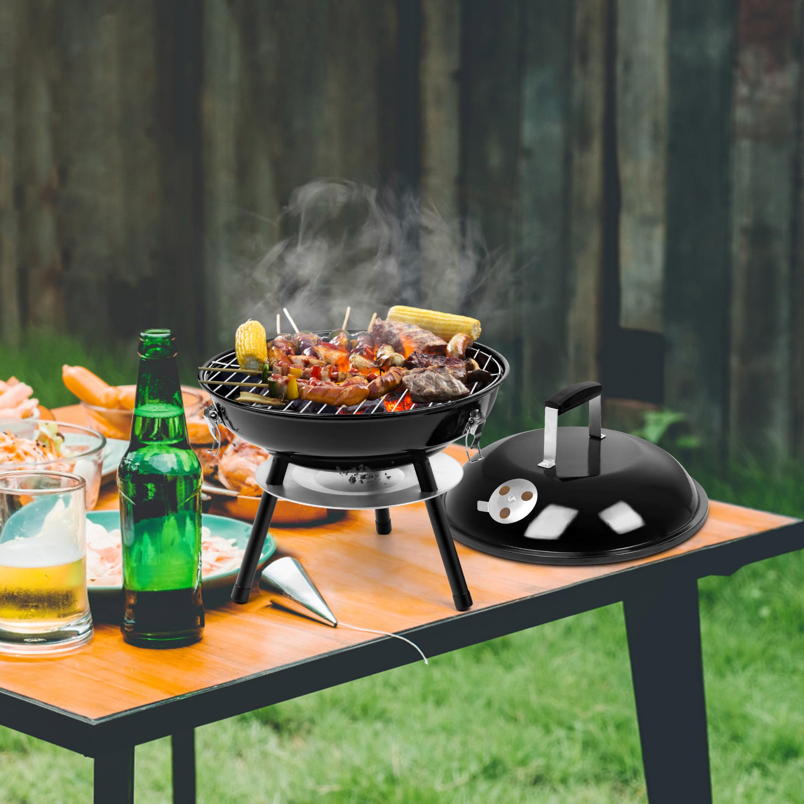 14Inch Portable Outdoor Charcoal Grill, Leonyo Small Tabletop BBQ Charcoal Grill Enamel Coated for Backyard Cooking, Camping, Picnics, Garden, Beach, Black