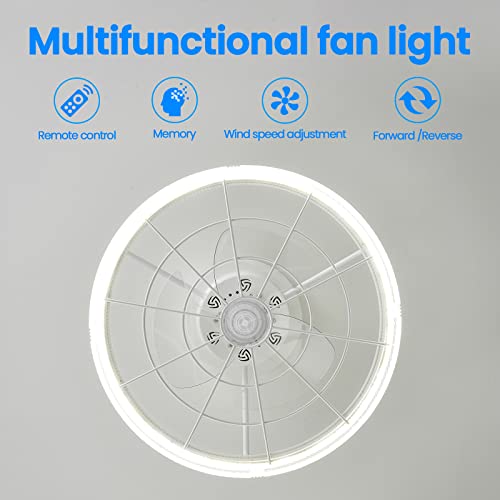 YUZEAL 18.9 Inch Low Profile Ceiling Fans with Lights and Remote, Modern Small bladeless Farmhouse Caged Round Flush Mount Dimmable LED Lighting, Memory, 3 Colors, Reversible Blades (White)