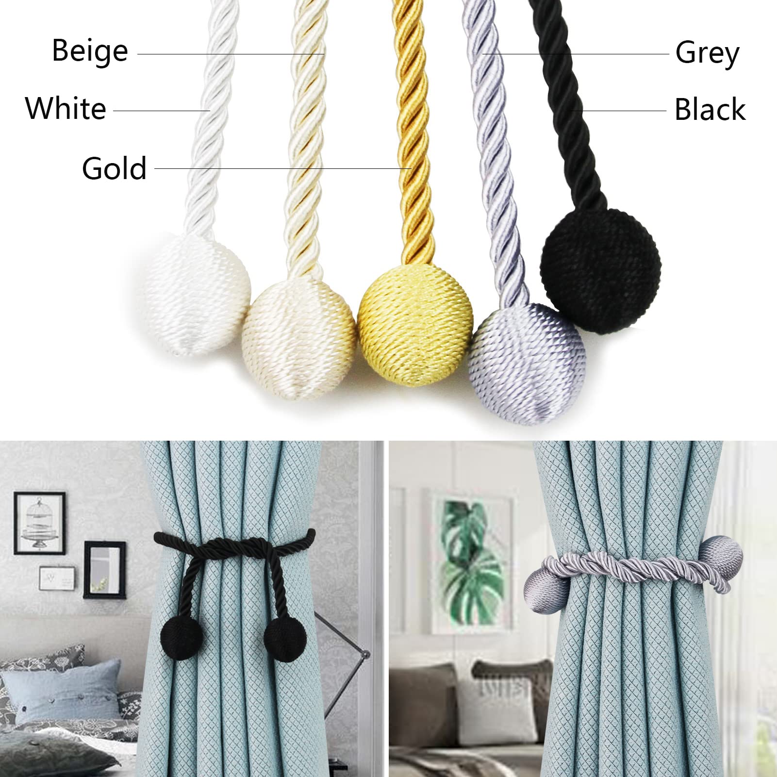 Hangtty 2 Pack Curtain Tiebacks Elegant Decorative Curtain Tie Backs Rope Curtain Holders for Drapes Window Treatment Holdbacks for Drapes or Curtains, Black