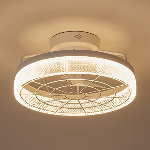 YUZEAL 18.9 Inch Low Profile Ceiling Fans with Lights and Remote, Modern Small bladeless Farmhouse Caged Round Flush Mount Dimmable LED Lighting, Memory, 3 Colors, Reversible Blades (White)