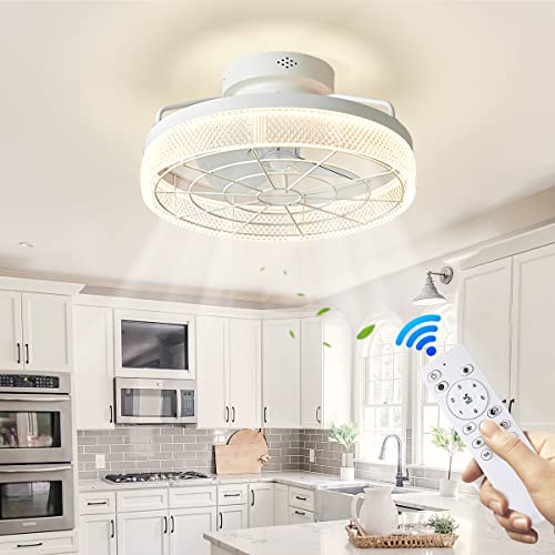 YUZEAL 18.9 Inch Low Profile Ceiling Fans with Lights and Remote, Modern Small bladeless Farmhouse Caged Round Flush Mount Dimmable LED Lighting, Memory, 3 Colors, Reversible Blades (White)