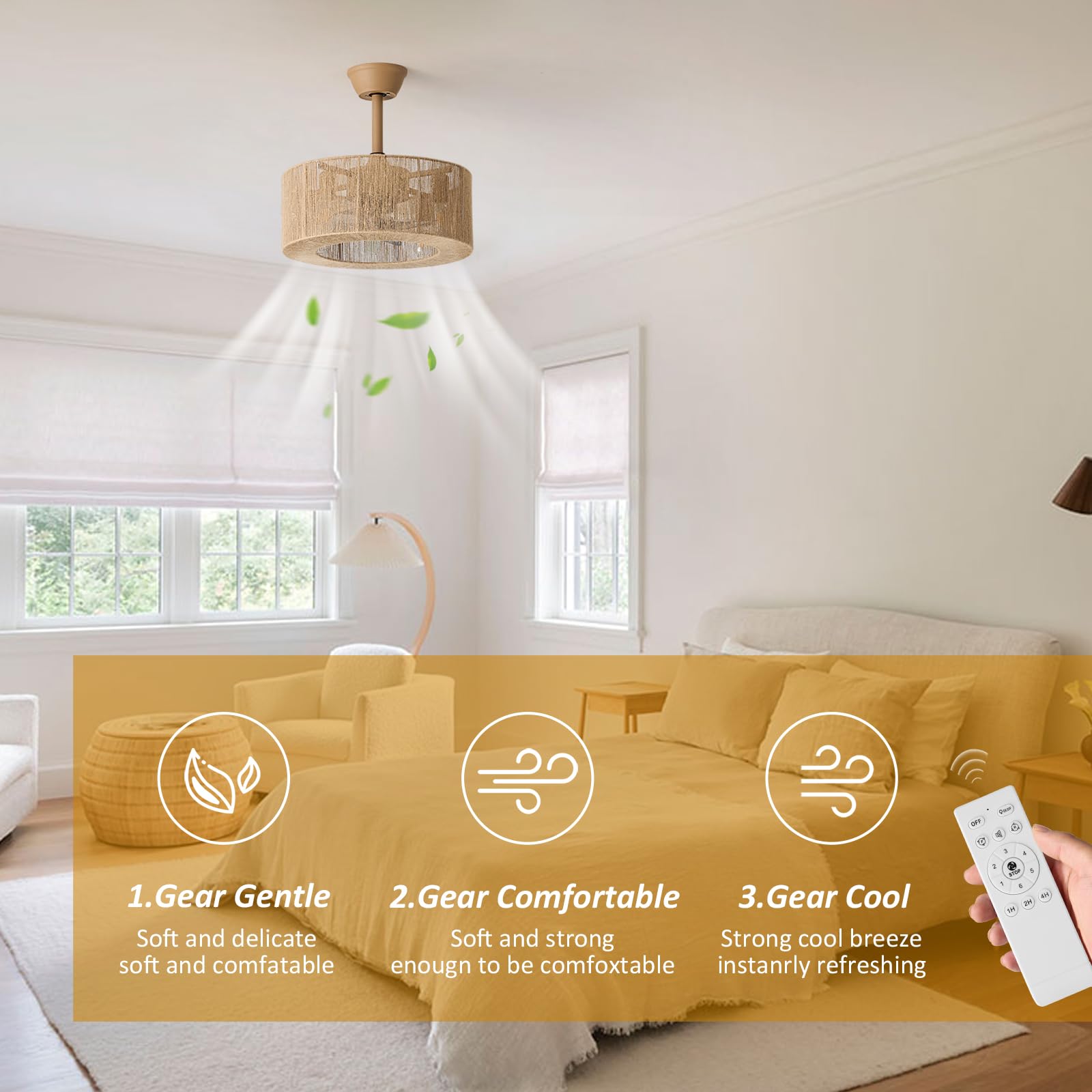 zheshirui Boho Caged Ceiling Fan with Lights, 18 Inch Rattan Fandelier Ceiling Fans with Light and Remote Control, Coastal Enclosed 6 Speeds for Bedroom, Kitchen, Dining Room