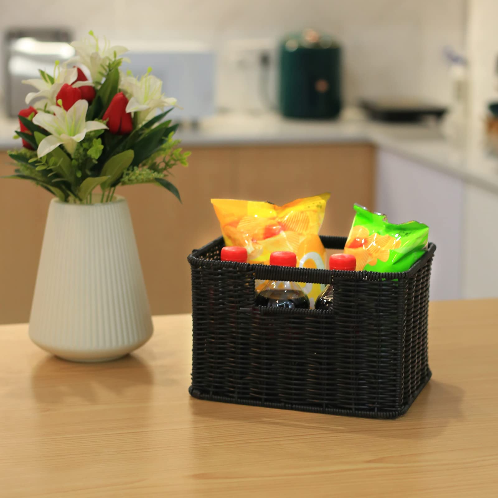 HOONEX Large Wicker Baskets for Storage, Woven Plastic Baskets for Organizing with Dual Handles, Baskets for Storage, Set of 3, Black
