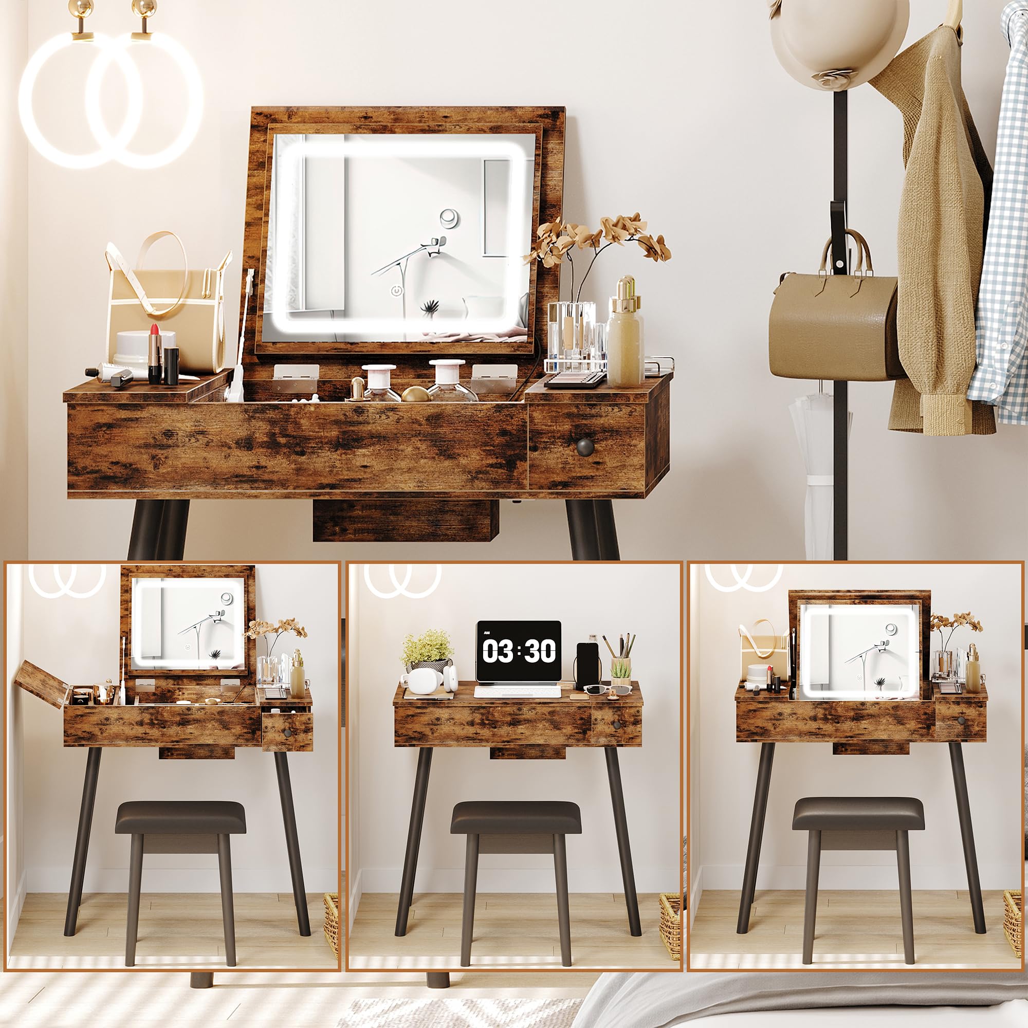 IRONCK Vanity Desk Set with LED Lighted Mirror & Power Outlet, Flip Top Makeup Vanity Table with Drawers & Cabinet,for Bedroom, Bathroom, Vintage Brown