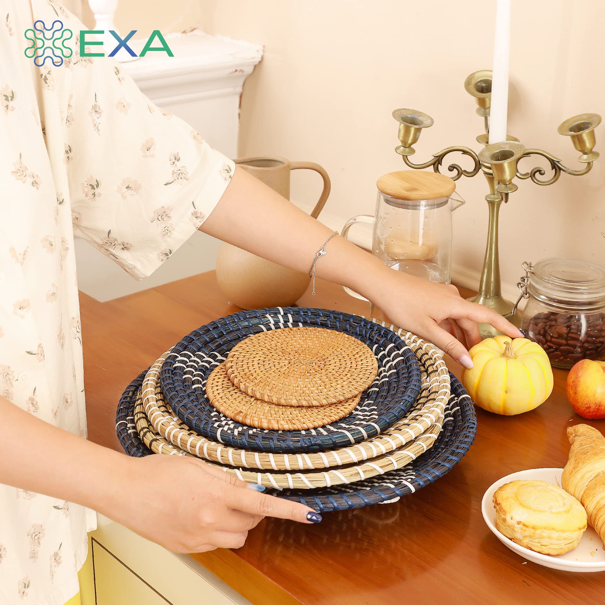 EXA Set of 6 Hanging Woven Wall Basket Decor Peony Rustic Round Decorative Large Wall Decor - Handmade Seagrass Baskets - Rattan Wall Art, Flat Wicker Woven Basket Wall Decors for Boho