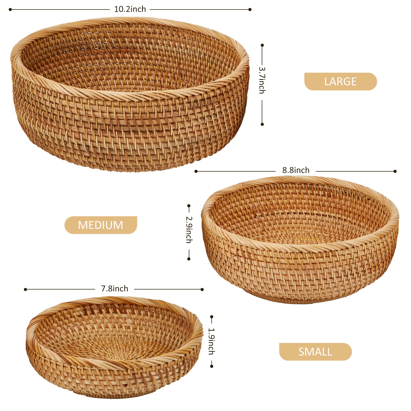 Whalehub Natural Rattan Round Fruit Basket Bowls, Hand Woven Decor Serving Baskets, Wicker Storage for Dinning Room (Round-Small)