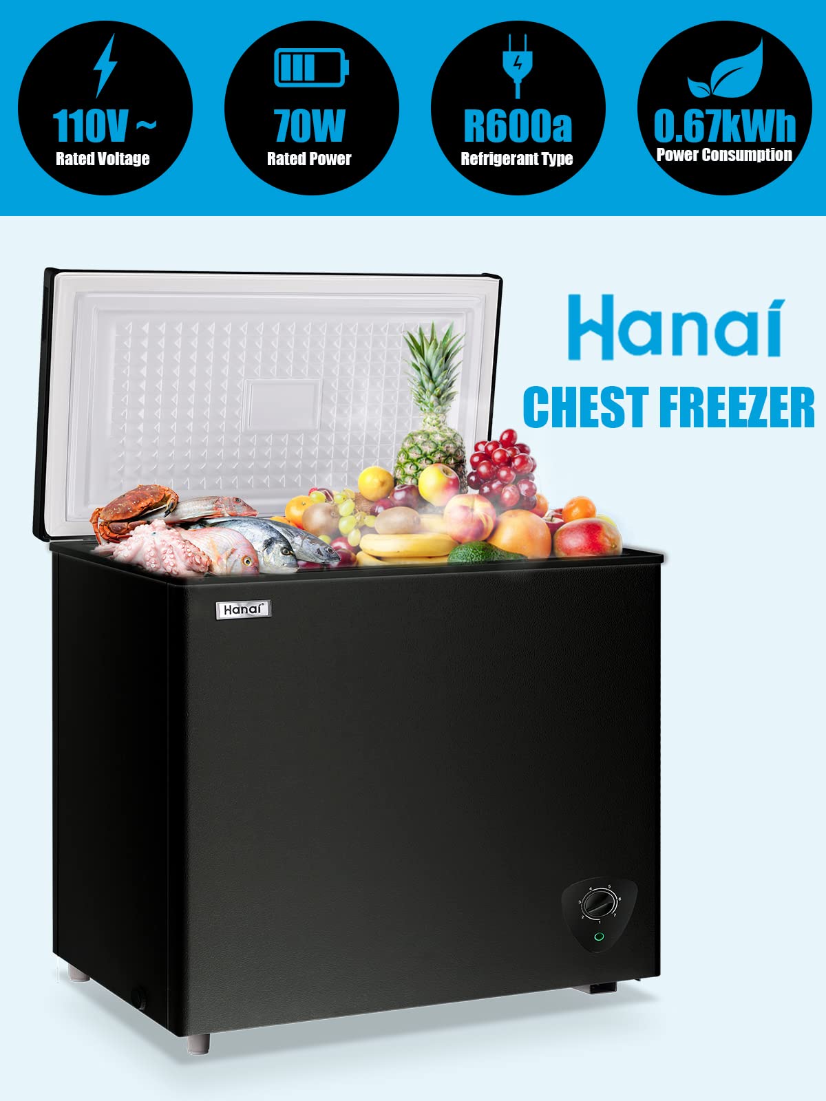 Chest Freezer WANAI 7.0 Cu.Ft Compact Chest FreezerDeep Freezers Free-Standing Top Door Freezer Removable Basket and Adjustable 7 Thermostat Open Deep Freezer Energy Saving Garage Basement Apartment K