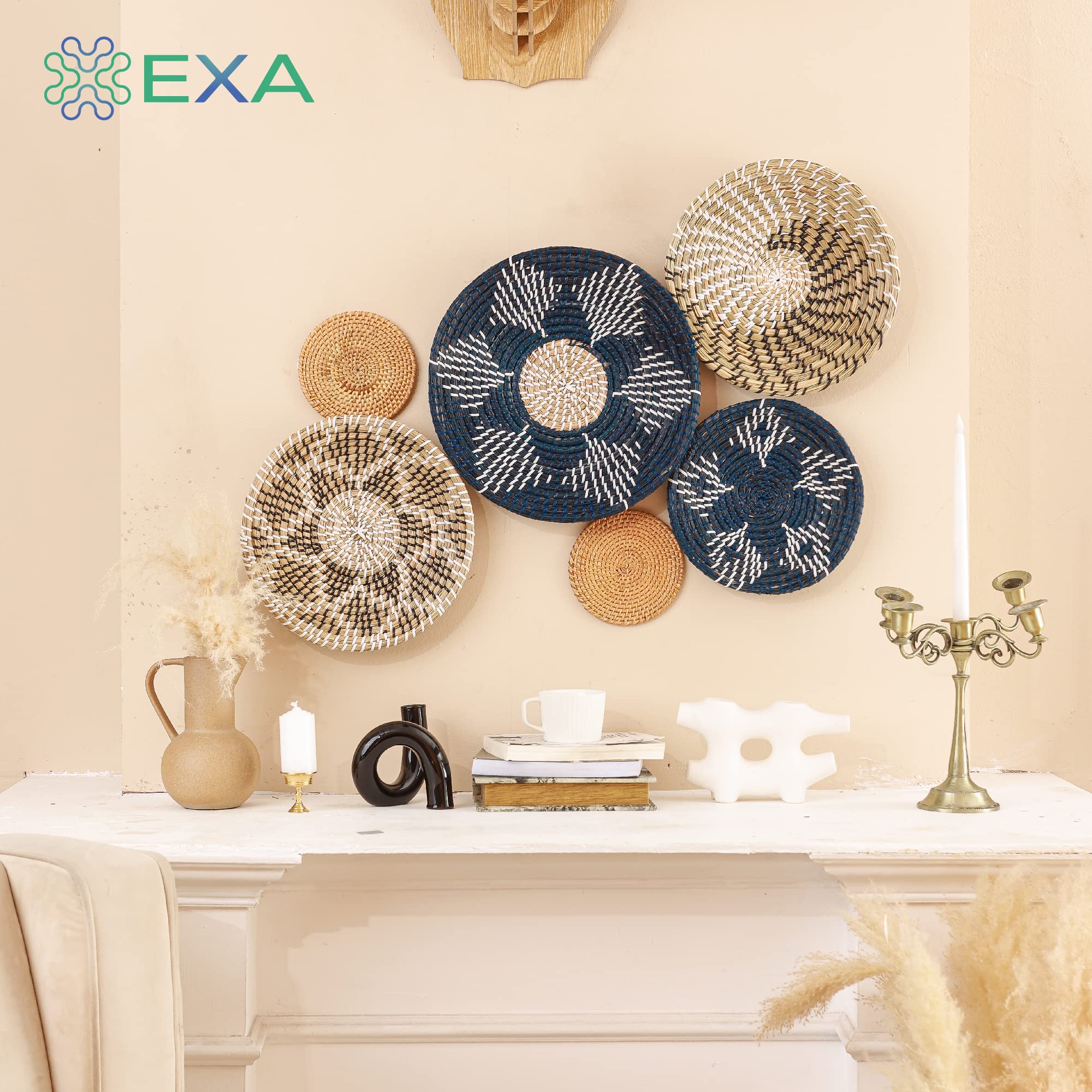 EXA Set of 6 Hanging Woven Wall Basket Decor Peony Rustic Round Decorative Large Wall Decor - Handmade Seagrass Baskets - Rattan Wall Art, Flat Wicker Woven Basket Wall Decors for Boho