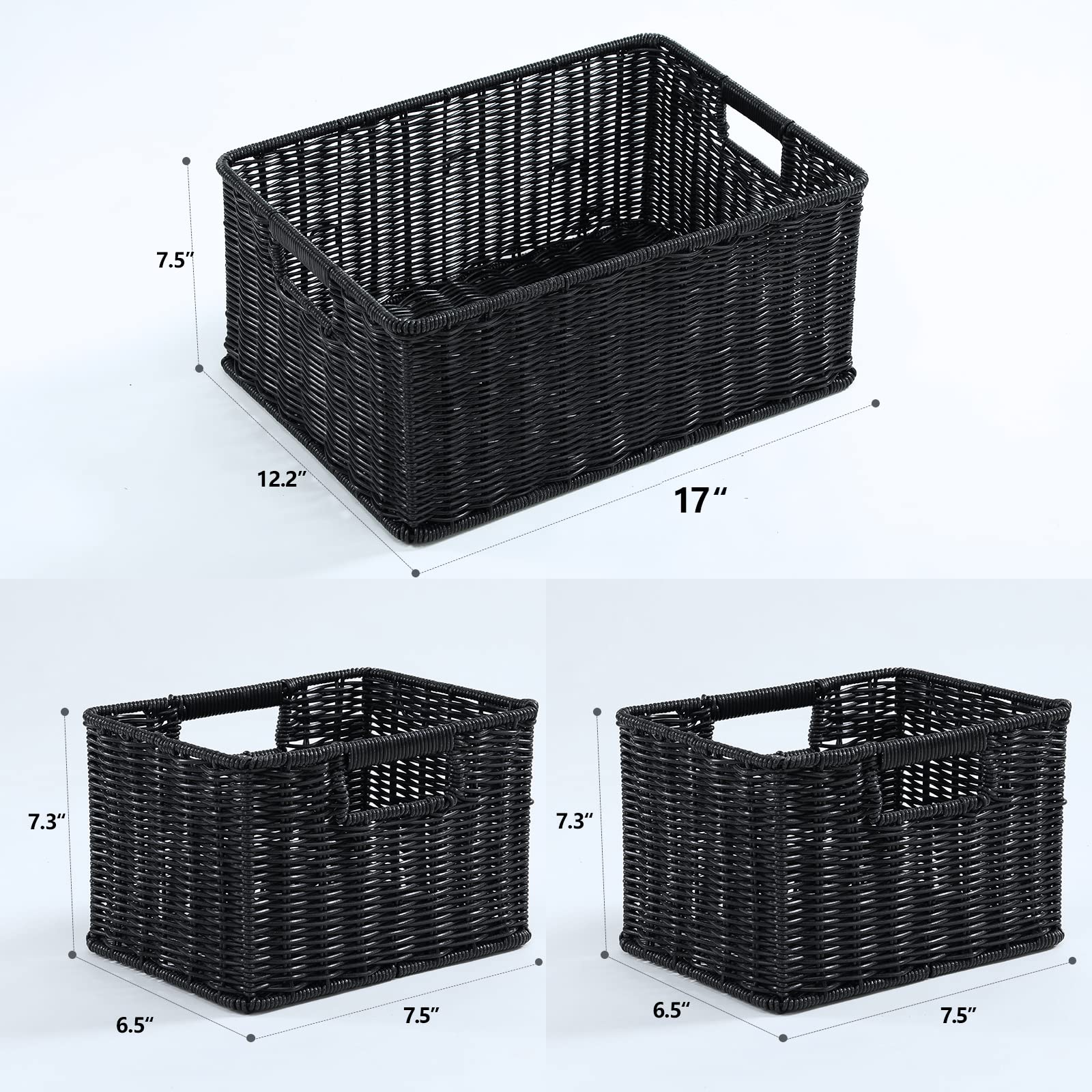 HOONEX Large Wicker Baskets for Storage, Woven Plastic Baskets for Organizing with Dual Handles, Baskets for Storage, Set of 3, Black