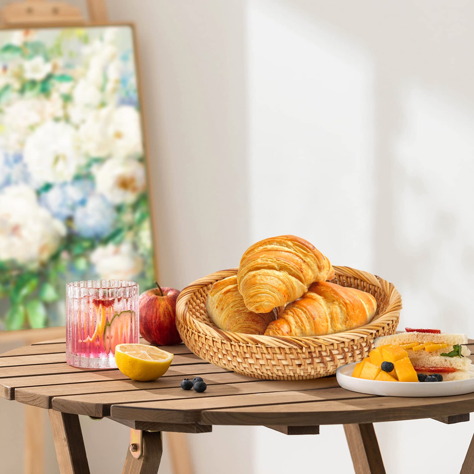 Whalehub Natural Rattan Round Fruit Basket Bowls, Hand Woven Decor Serving Baskets, Wicker Storage for Dinning Room (Round-Small)