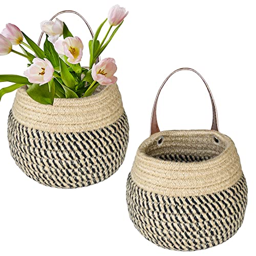 COZYYROME Set of 2 Jute Hanging Basket for Wall, Farmhouse Wall Basket Decor for Storage and Organizer,Decorative Wall Hanging Storage Baskets for Plants Small Cotton Rope Woven Closet Storage Bins