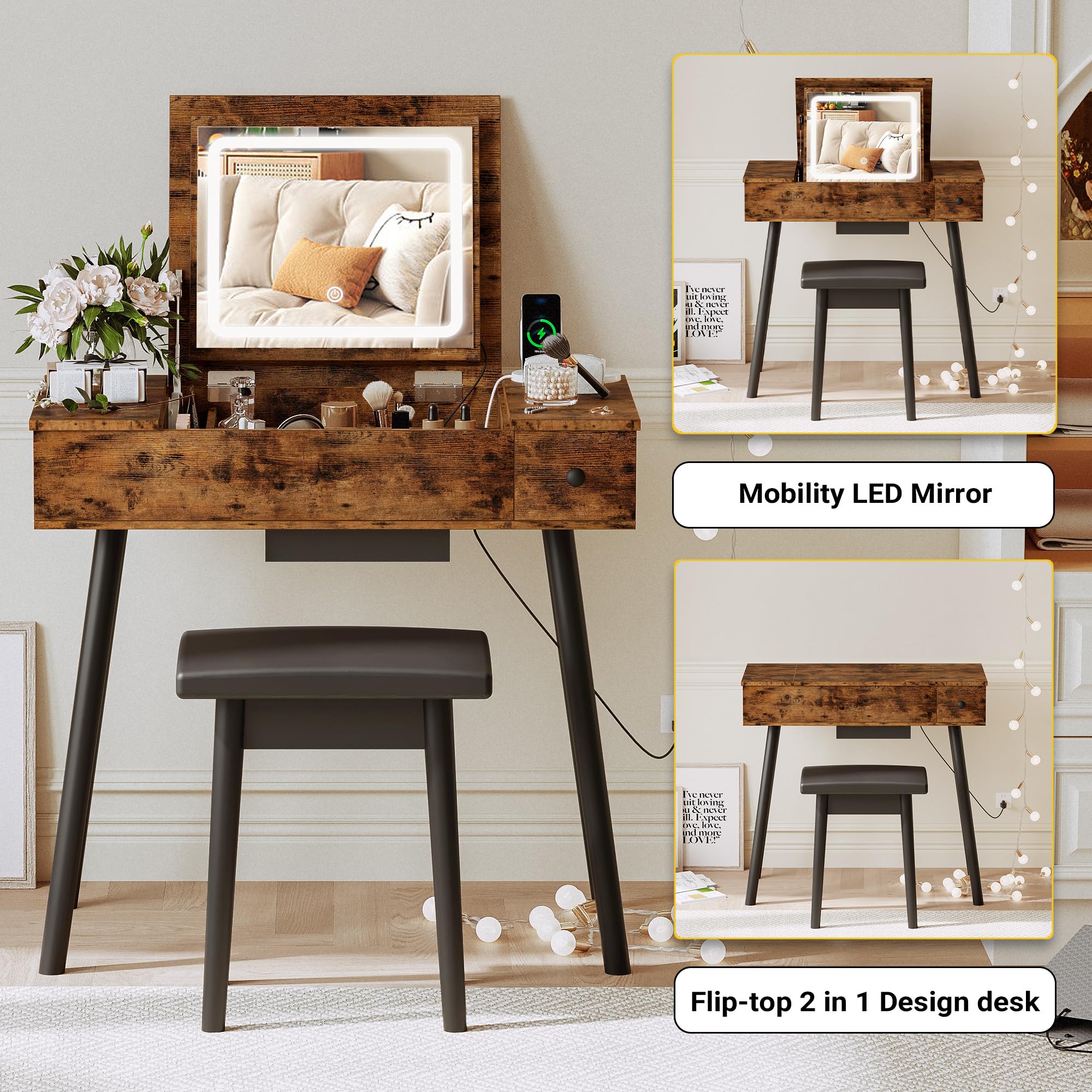 IRONCK Vanity Desk Set with LED Lighted Mirror & Power Outlet, Flip Top Makeup Vanity Table with Drawers & Cabinet,for Bedroom, Bathroom, Vintage Brown