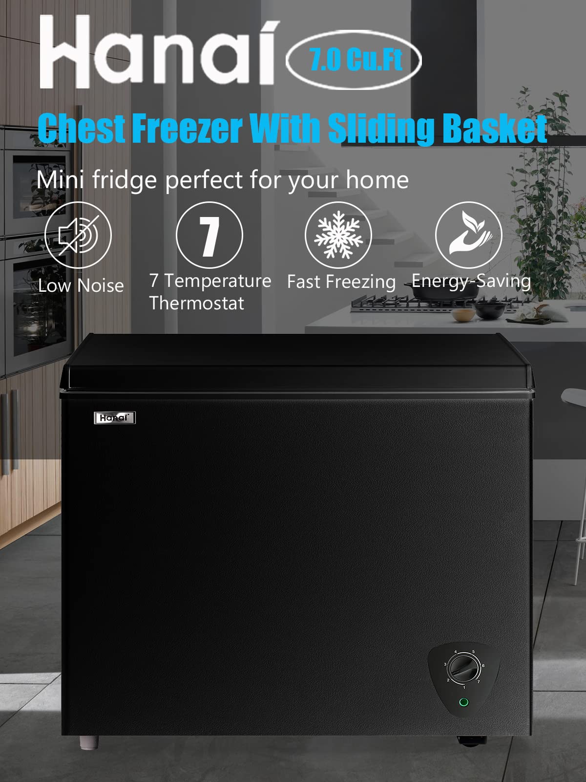Chest Freezer WANAI 7.0 Cu.Ft Compact Chest FreezerDeep Freezers Free-Standing Top Door Freezer Removable Basket and Adjustable 7 Thermostat Open Deep Freezer Energy Saving Garage Basement Apartment K