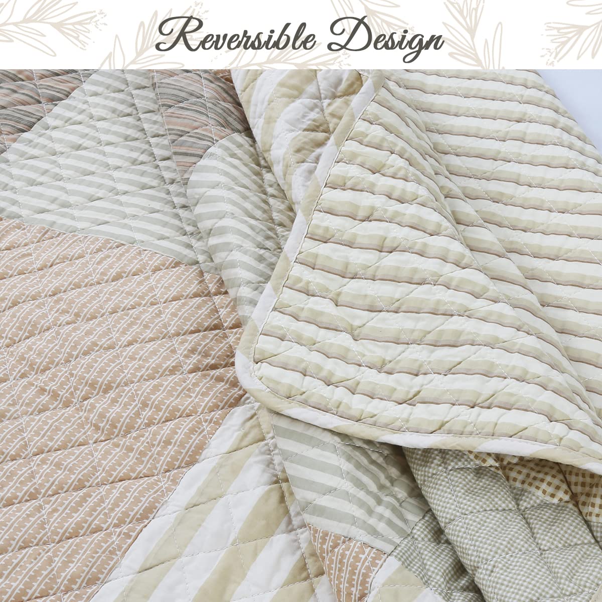 Cozy Line Home Fashions 100% Cotton Reversible Quilt Bedding Set, Classic Taupe Tan Striped Patchwork All-Season Coverlet Bedspread (Winter Plains, Queen-3 Piece)