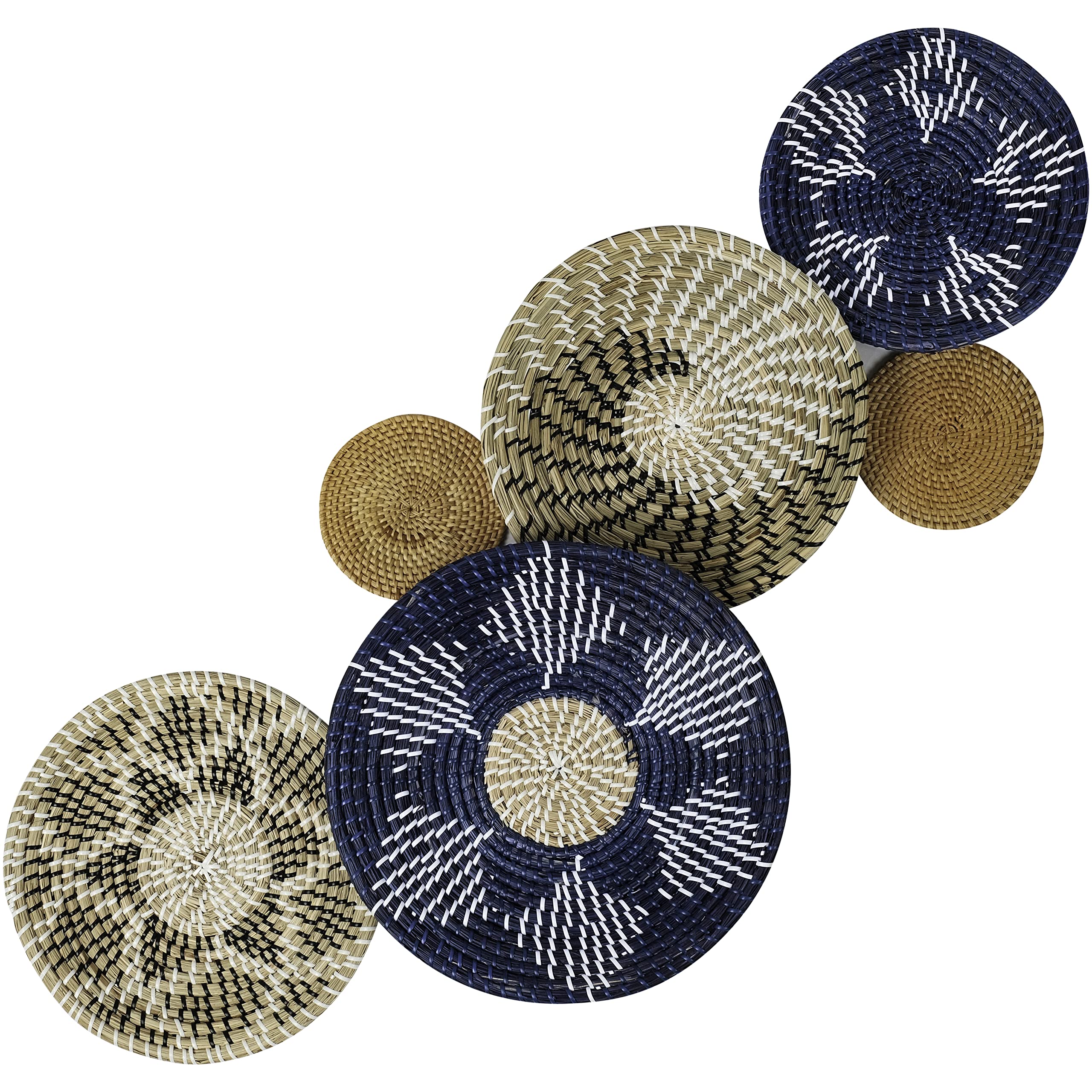 EXA Set of 6 Hanging Woven Wall Basket Decor Peony Rustic Round Decorative Large Wall Decor - Handmade Seagrass Baskets - Rattan Wall Art, Flat Wicker Woven Basket Wall Decors for Boho
