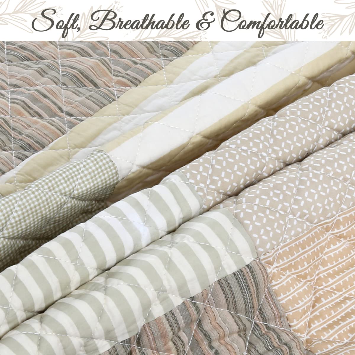 Cozy Line Home Fashions 100% Cotton Reversible Quilt Bedding Set, Classic Taupe Tan Striped Patchwork All-Season Coverlet Bedspread (Winter Plains, Queen-3 Piece)