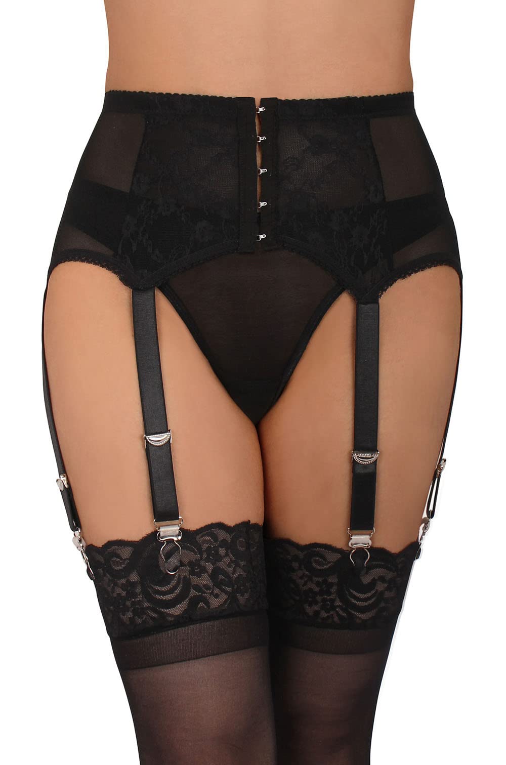 IMOMOTO Garter Belt Thong Set for Thigh High Stockings Lace Mesh Plus Size Socks Suspender for Women with 6 Vintage Metal Clips (Black, Large/XL)