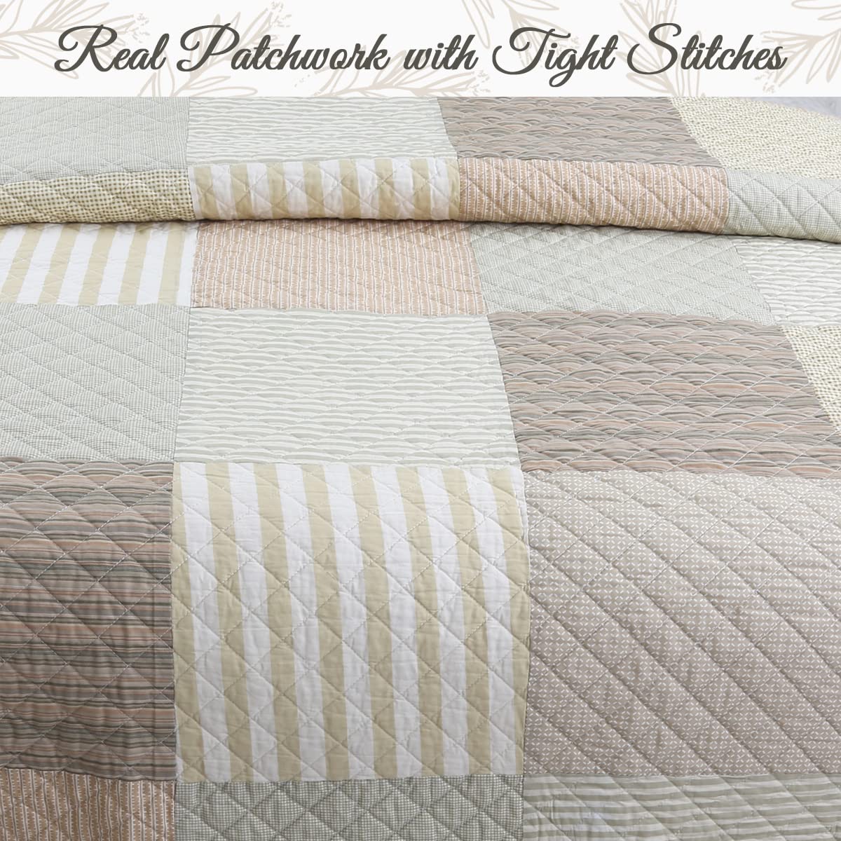 Cozy Line Home Fashions 100% Cotton Reversible Quilt Bedding Set, Classic Taupe Tan Striped Patchwork All-Season Coverlet Bedspread (Winter Plains, Queen-3 Piece)