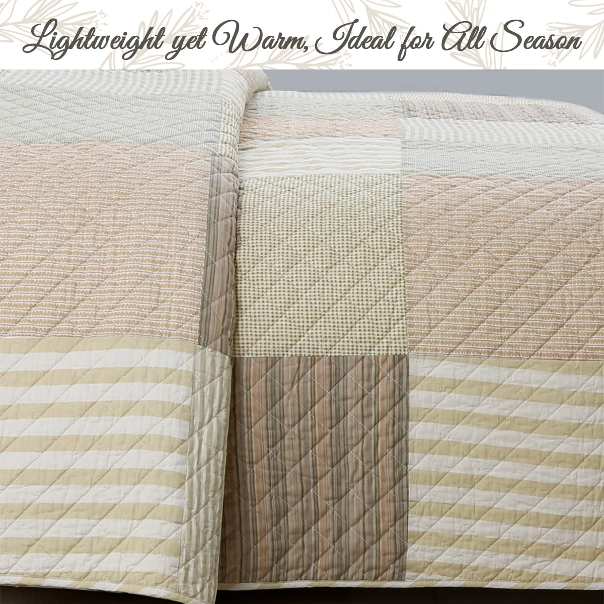Cozy Line Home Fashions 100% Cotton Reversible Quilt Bedding Set, Classic Taupe Tan Striped Patchwork All-Season Coverlet Bedspread (Winter Plains, Queen-3 Piece)