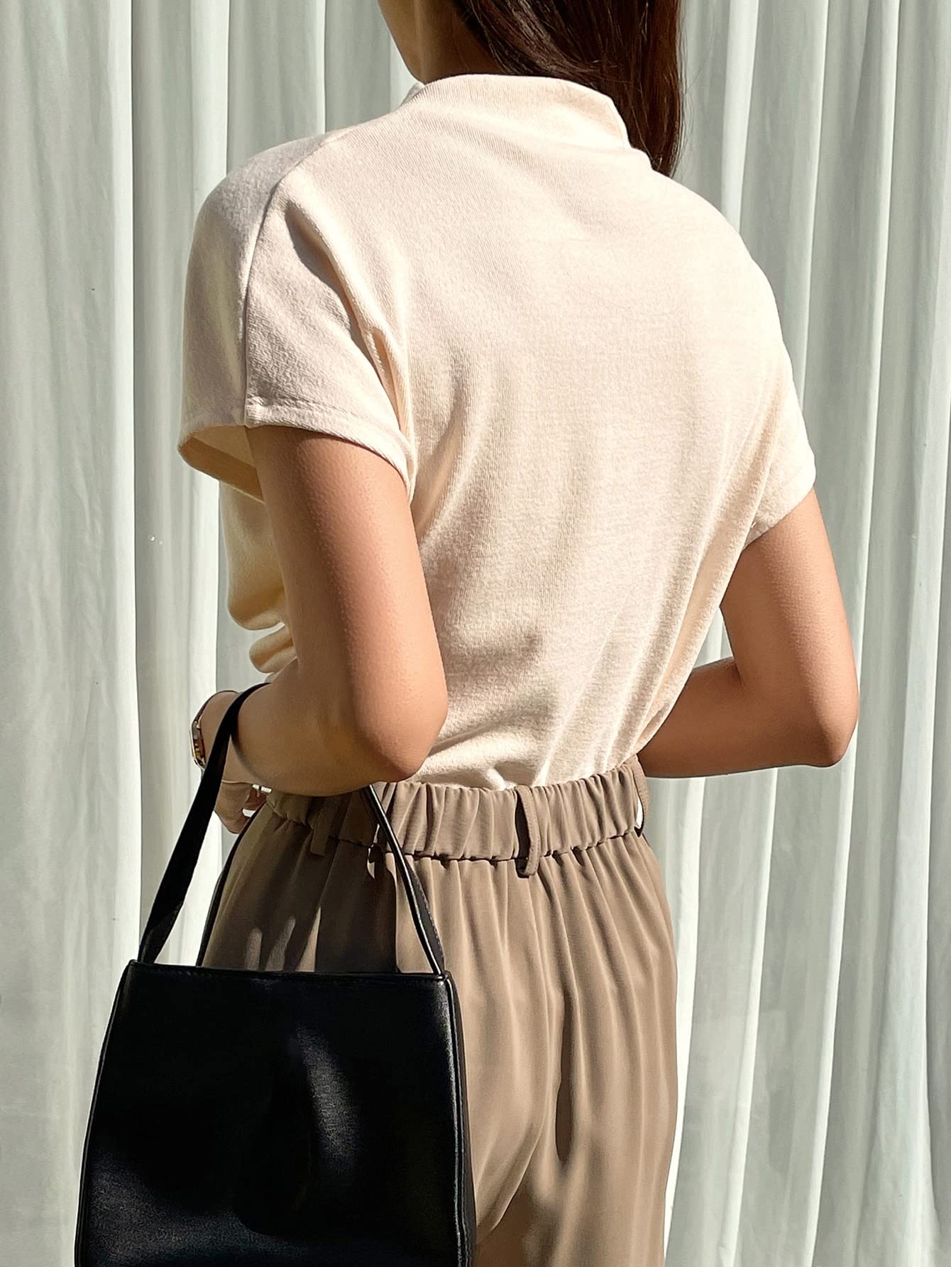 SweatyRocks Women's Casual Short Sleeve Mock Neck Tee Top Asymmetric Ruched Plain T Shirt Beige L