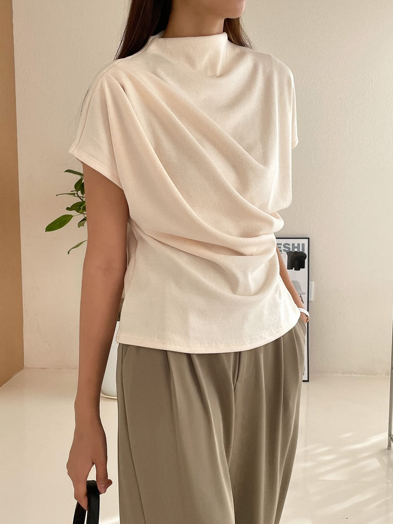 SweatyRocks Women's Casual Short Sleeve Mock Neck Tee Top Asymmetric Ruched Plain T Shirt Beige L