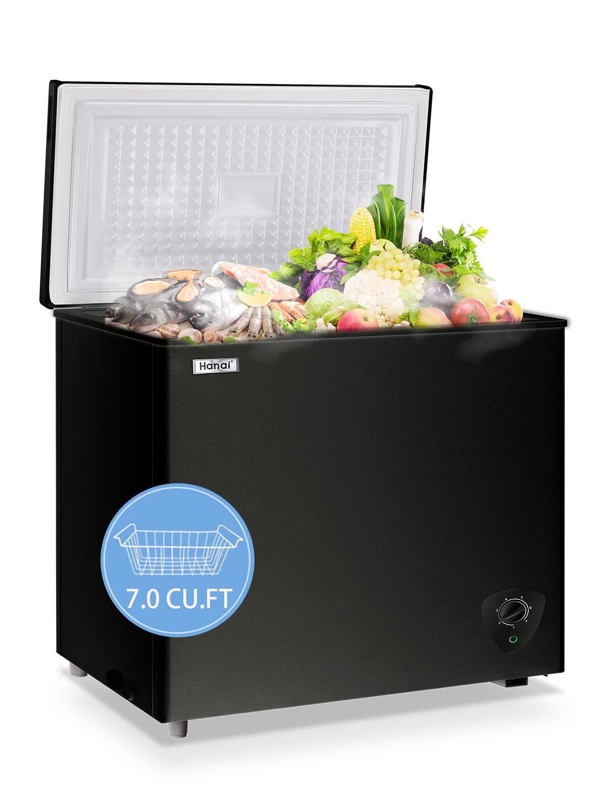 Chest Freezer WANAI 7.0 Cu.Ft Compact Chest FreezerDeep Freezers Free-Standing Top Door Freezer Removable Basket and Adjustable 7 Thermostat Open Deep Freezer Energy Saving Garage Basement Apartment K