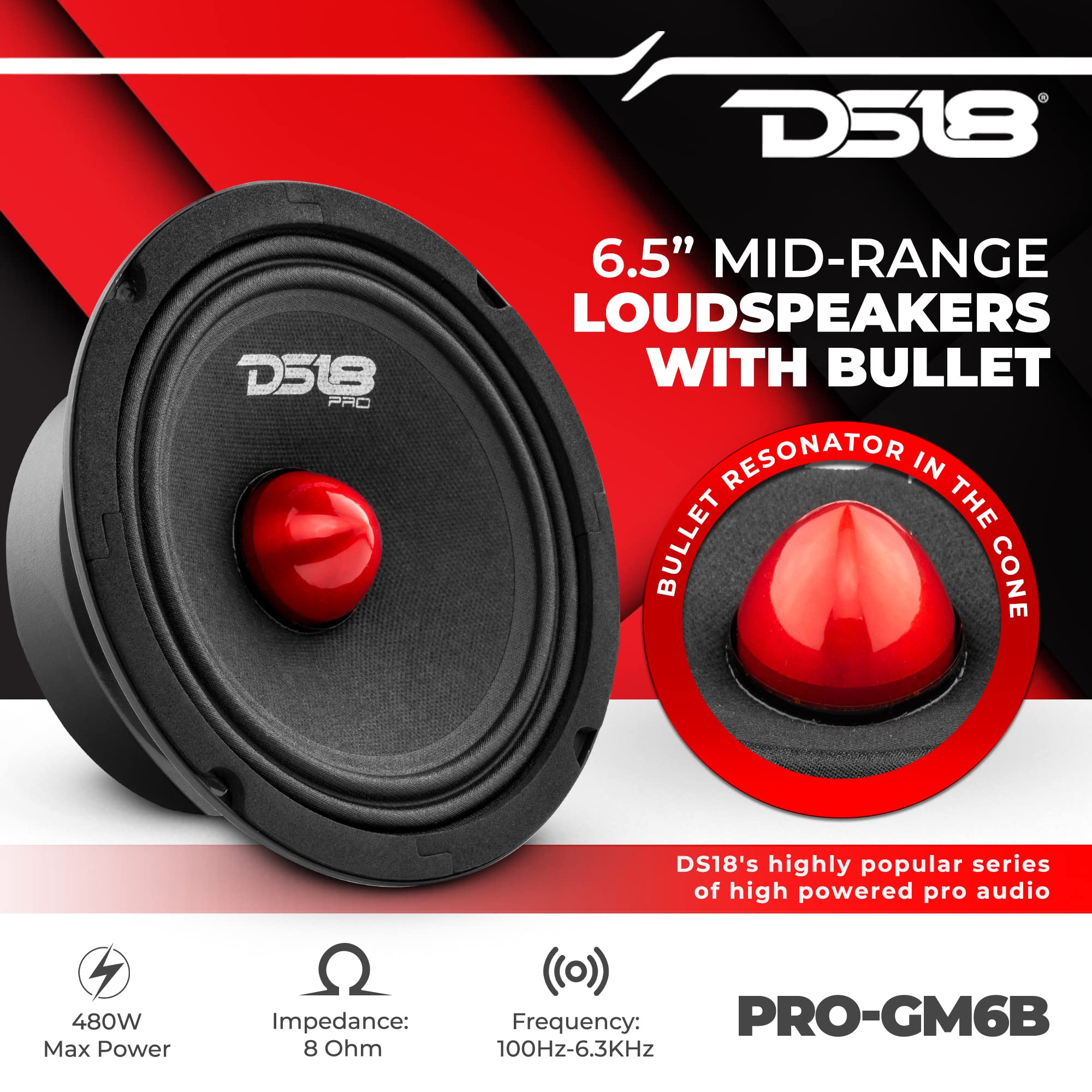 DS18 Car Speakers Bundle 4X PRO-GM6B 6.5" Midrange Speakers + 4X PRO-TWX1/BK Aluminum Super Bullet Tweeters + Amplifier 4 Channels - PRO Loudspeakers Car Audio Component Package