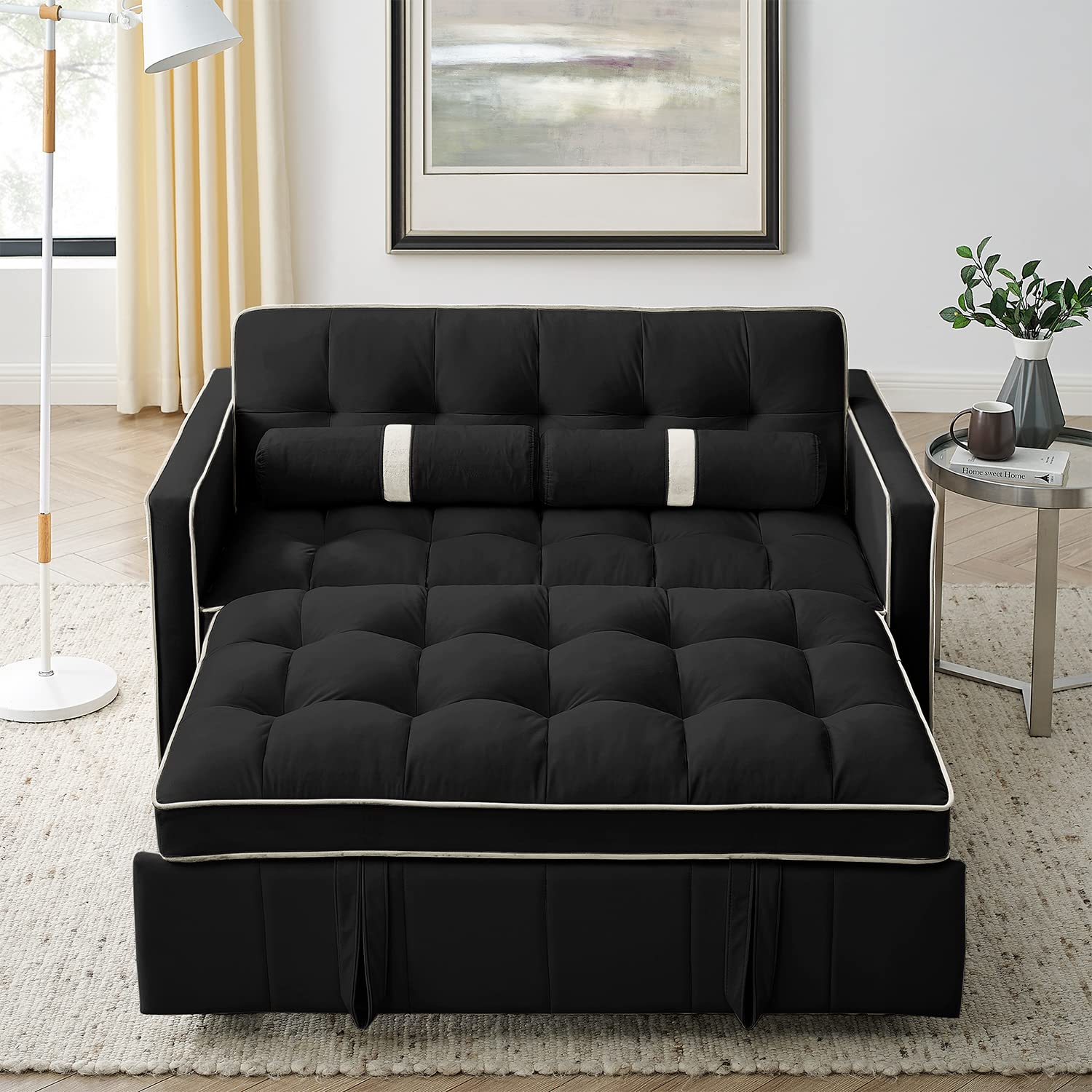 3 in 1 Sleeper Sofa Couch Bed, Small Tufted Velvet Convertible Loveseat Futon Sofa w/Pullout Bed, Adjustable Backrest, Cylinder Pillows for Living Room Apartment, Easy to Assemble, Black, 55.5"