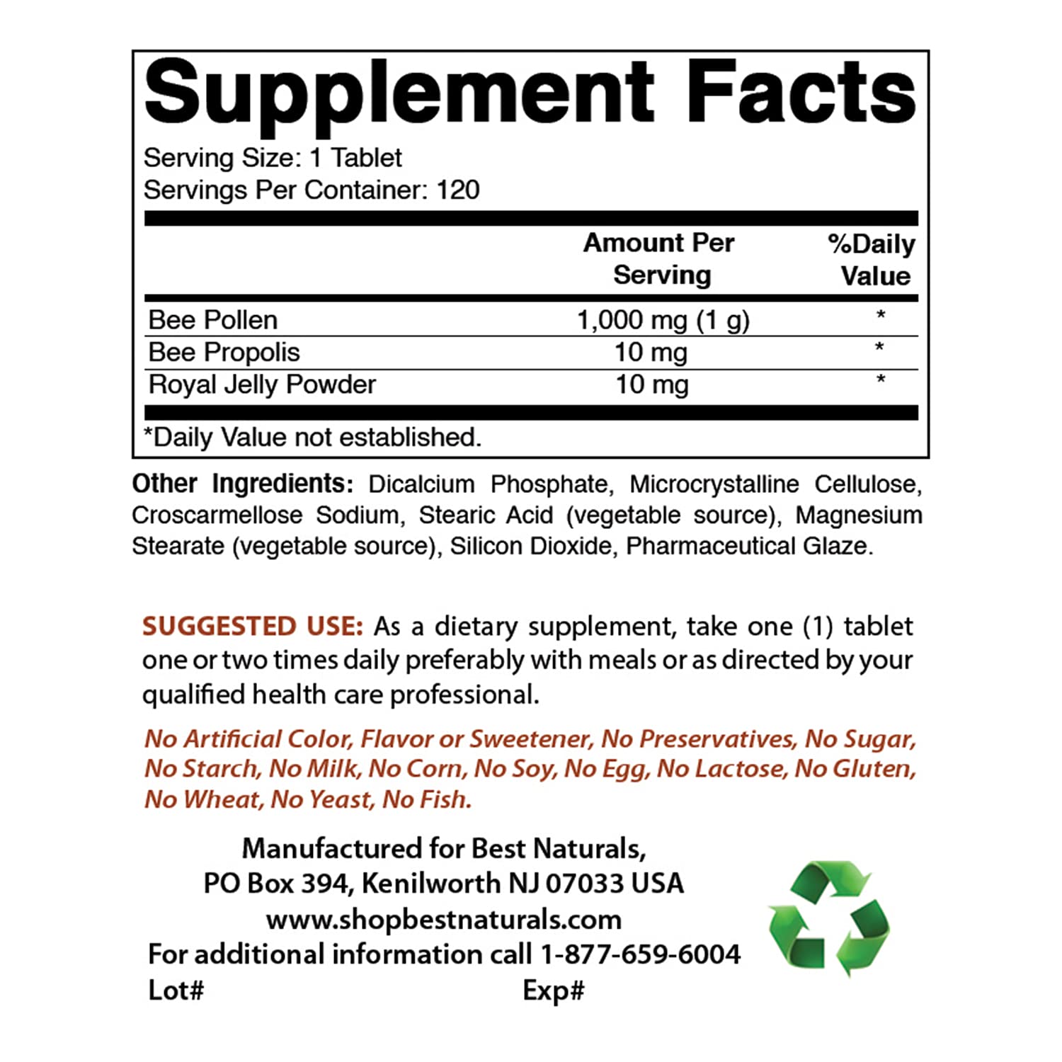 Best Naturals Bee Pollen Complex 1000 mg & Magnesium Chloride 520 mg