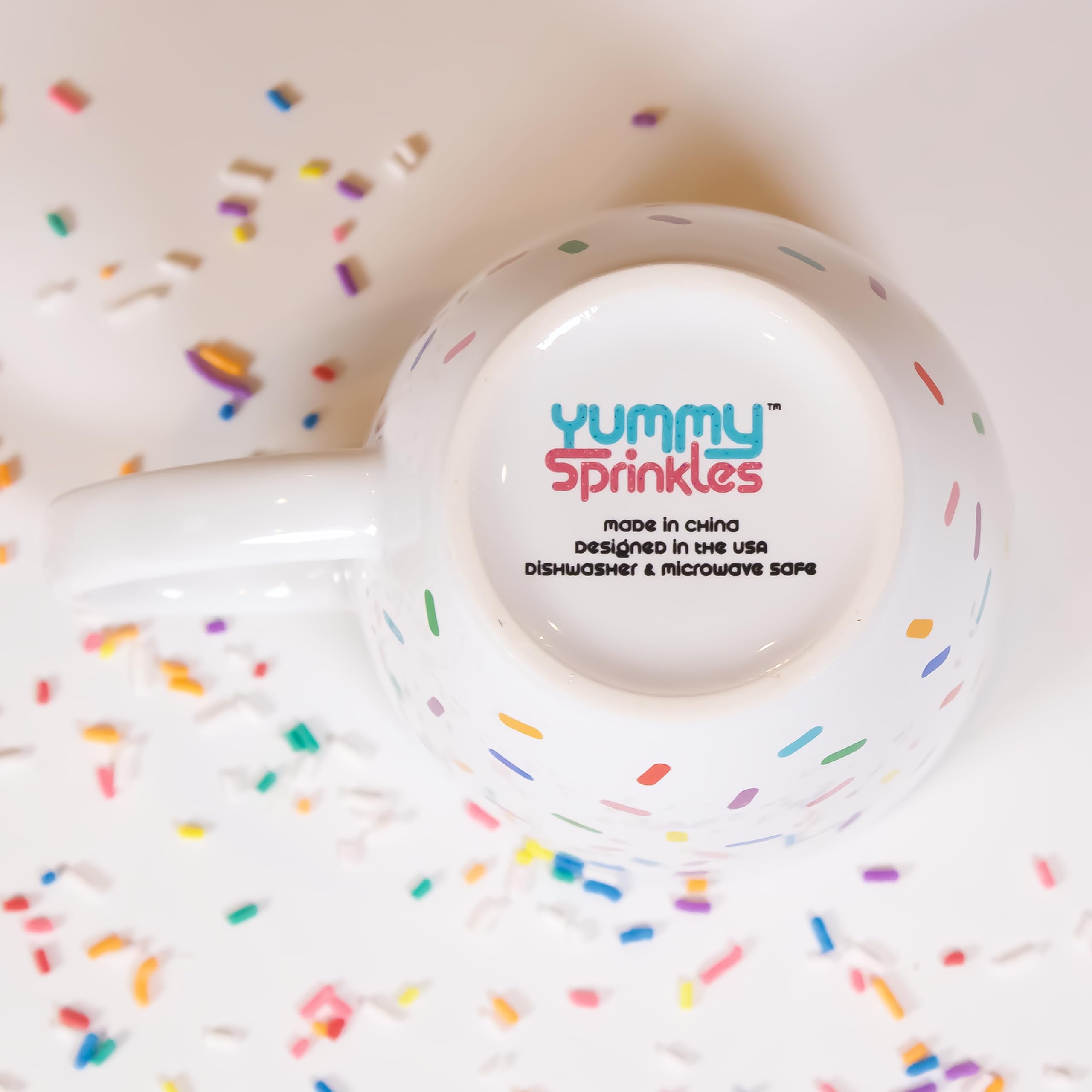 Yummy Sprinkles Mug | Lavendar Cute Coffee Mug with Rainbow Sprinkles | Birthday cake Coffee Cup Gift | Large White Ceramic Cup with Green, Yellow, Red, Pink, and Blue Sprinkles | Fun Pattern