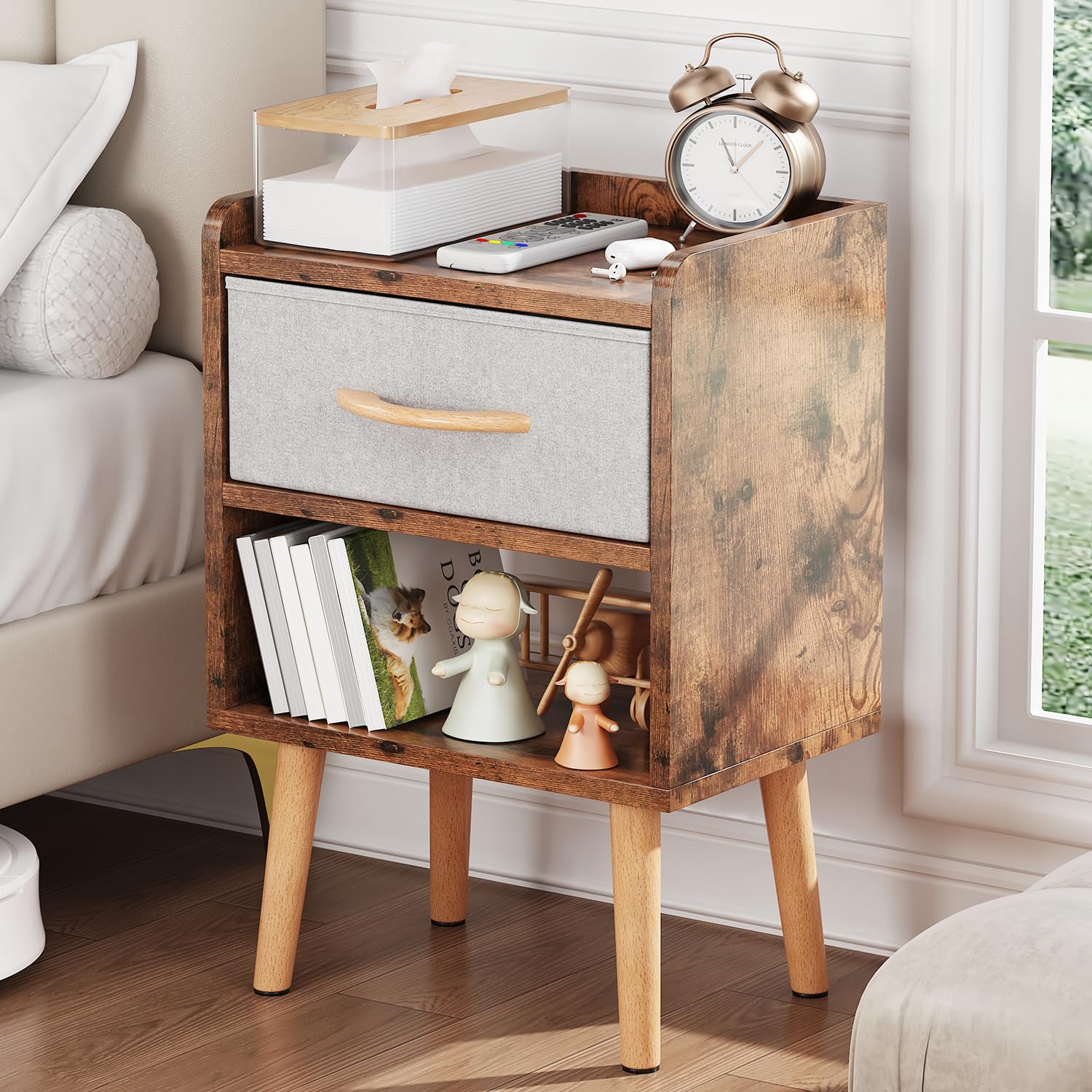LUCKNOCK Night Stand with Drawer, Modern Bedside Table, Mid Century Nightstand with Open Storage Shelf, Small Bedside Tables for Bedroom, Sturdy Wood Bedroom Side Table, Rustic Brown