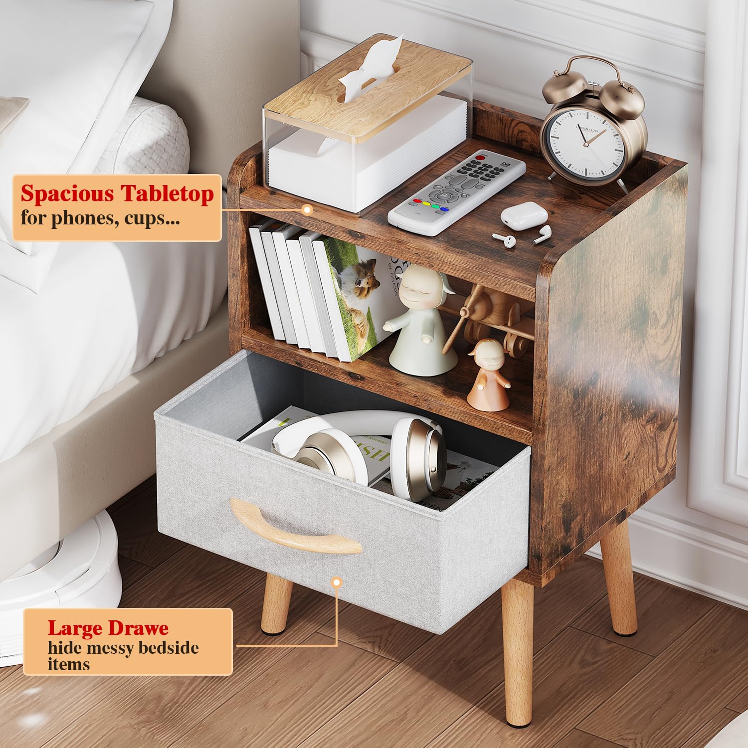 LUCKNOCK Night Stand with Drawer, Modern Bedside Table, Mid Century Nightstand with Open Storage Shelf, Small Bedside Tables for Bedroom, Sturdy Wood Bedroom Side Table, Rustic Brown