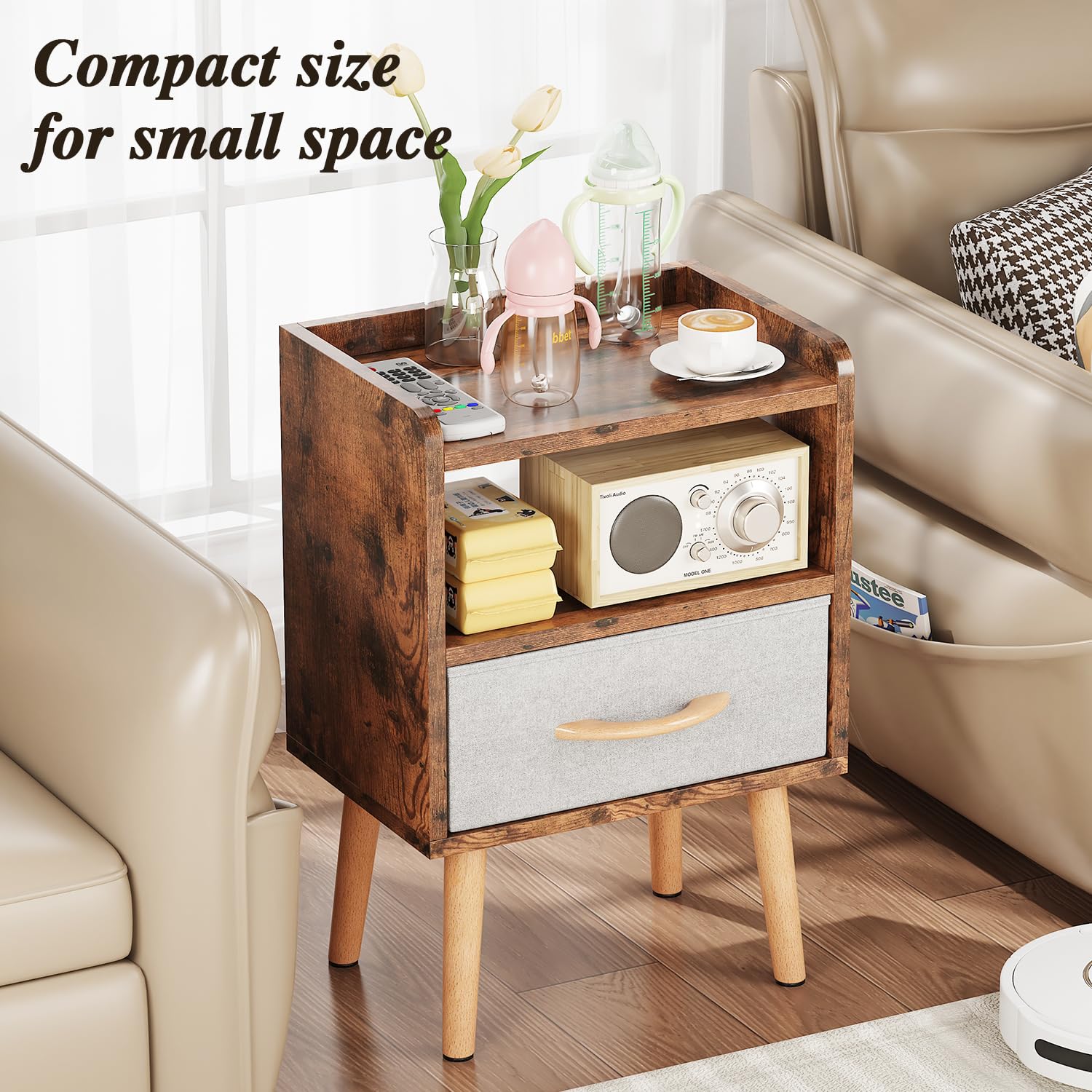 LUCKNOCK Night Stand with Drawer, Modern Bedside Table, Mid Century Nightstand with Open Storage Shelf, Small Bedside Tables for Bedroom, Sturdy Wood Bedroom Side Table, Rustic Brown