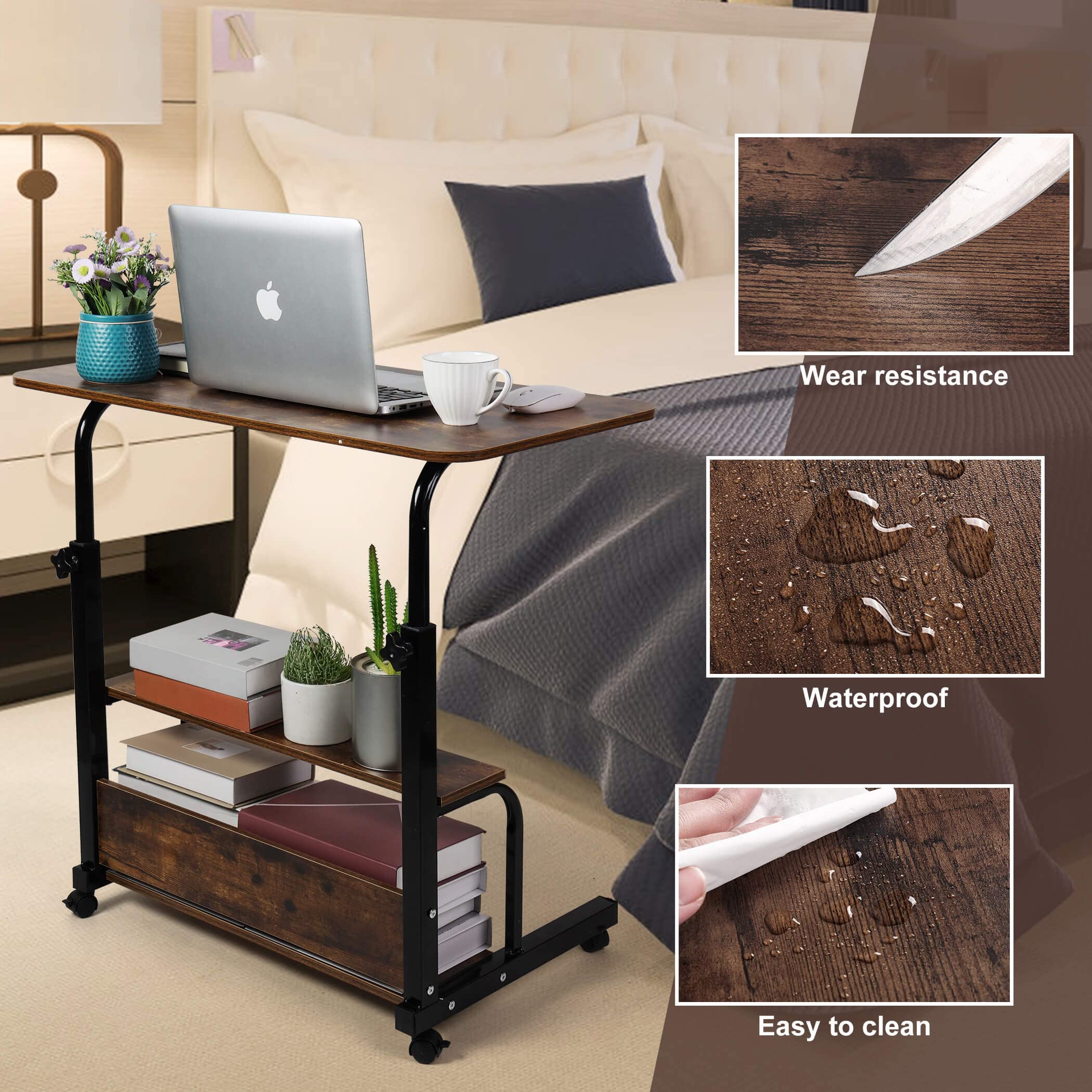Dekhaoxe Adjustable Table Student Computer Desk Portable Home Office Furniture Small Spaces Sofa Bedroom Bedside Learn Play Game on Wheels Movable with Storage Size 31.5 * 15.7 in Oak D