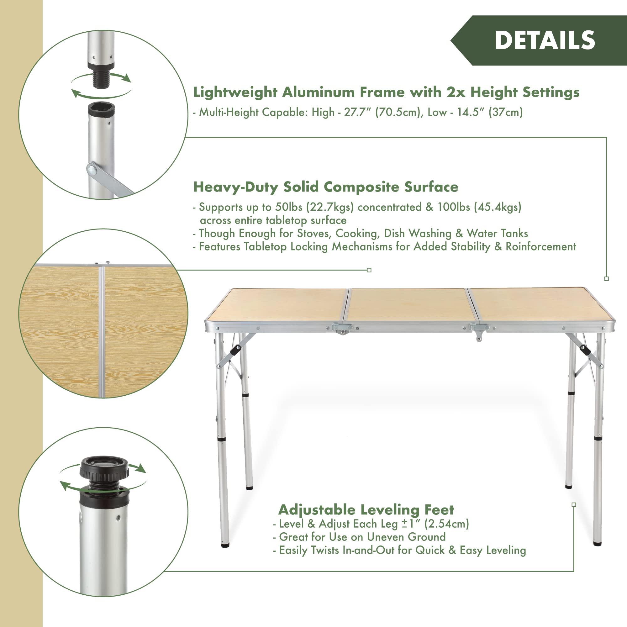 ARROWHEAD OUTDOOR 4β ft Heavy-Duty Portable Aluminum Frame Folding Table w/Leveling Feet, Solid Tabletop Surface, 2 Adjustable Heights, Carrying Case Included, Lightweight, USA-Based Support