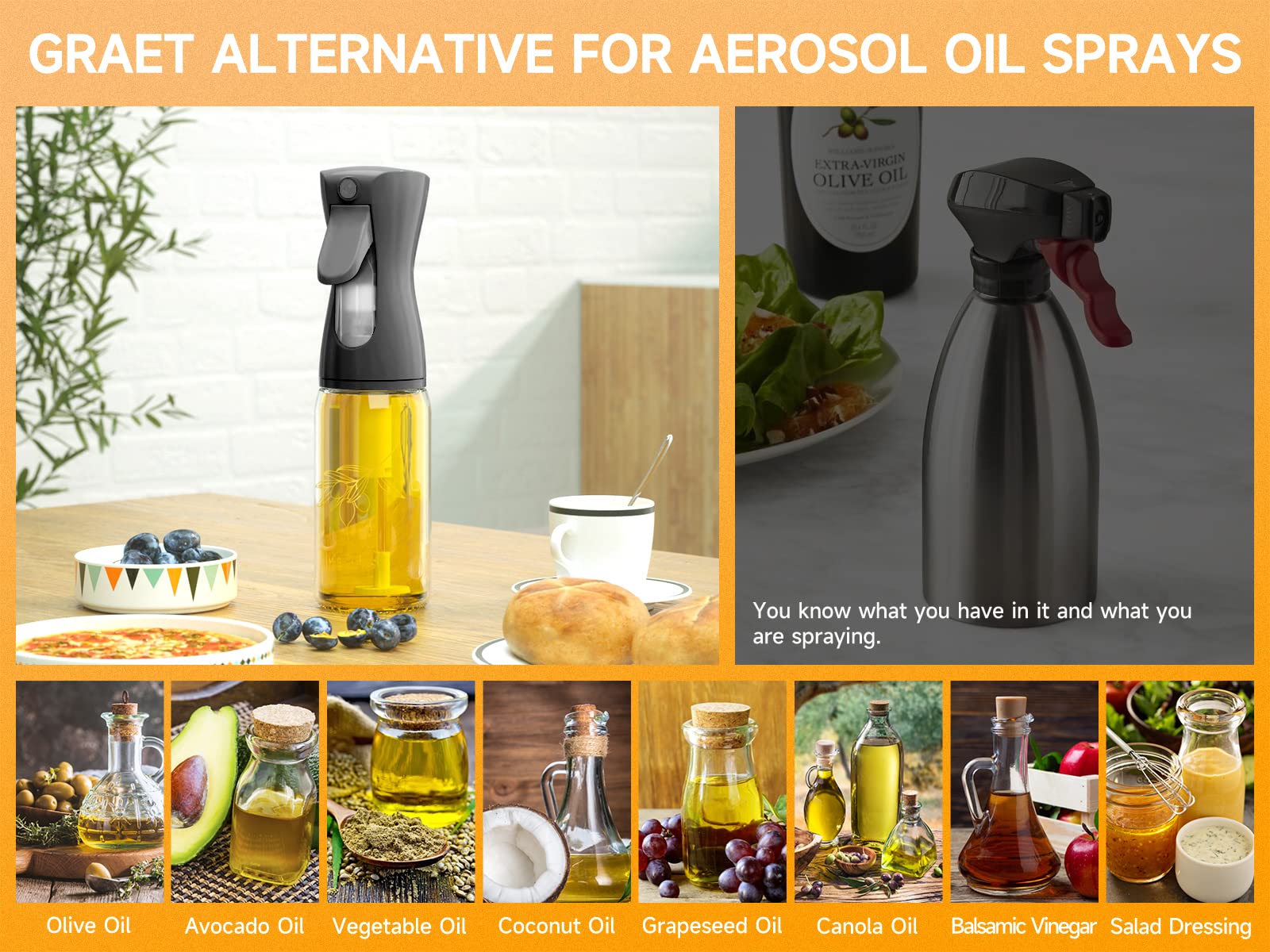 Oil Sprayer for Cooking,220ML Glass Olive Oil Sprayer Mister,Kitchen Gadgets Accessories,Continuous Spray with Control,Save Oil,Widely Used for Salad Making, Baking, Frying, BBQ, Roasting,Black