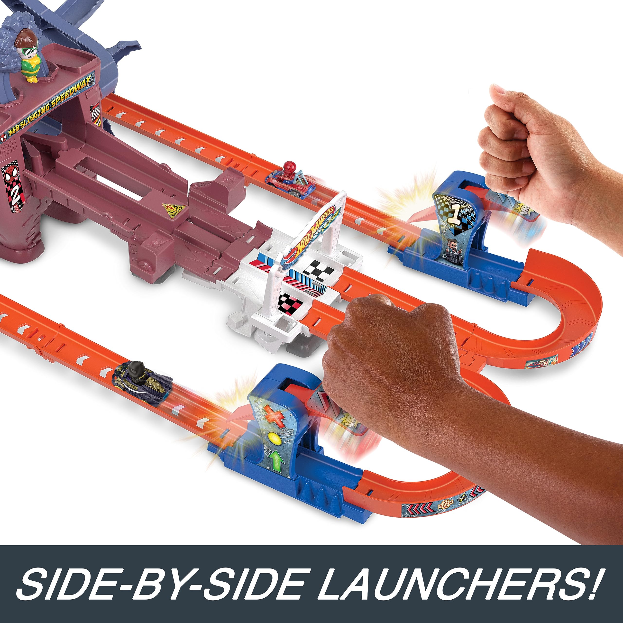 Hot Wheels Toy Car Track Set, RacerVerse Spider-Man’s Web-Slinging Speedway, Competitive Race with 2 Die-Cast Vehicles: Spider-Man & Black Panther