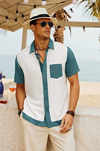 PJ PAUL JONES Men 50s Retro Bowling Shirt Short Sleeve Summer Beach Shirt White, Small