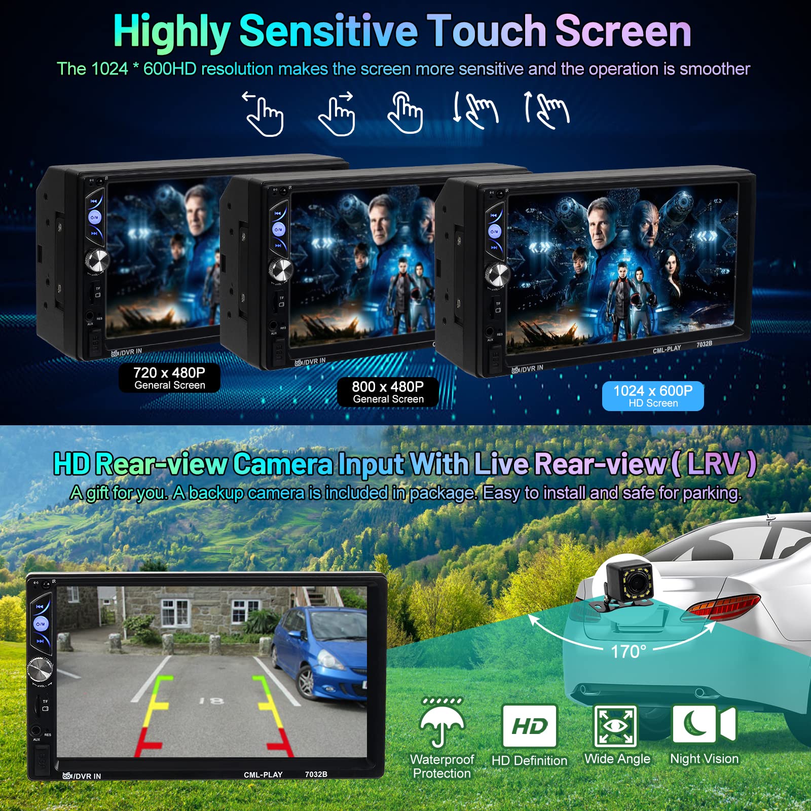 ACTASIAN Double Din Car Stereo with Apple Carplay and Android Auto,7 Inch Touchscreen Car Radio with Backup Camera,Bluetooth,Mirror Link,FM/MP3/USB/TF/SWC/Subwoofer,Aux Input