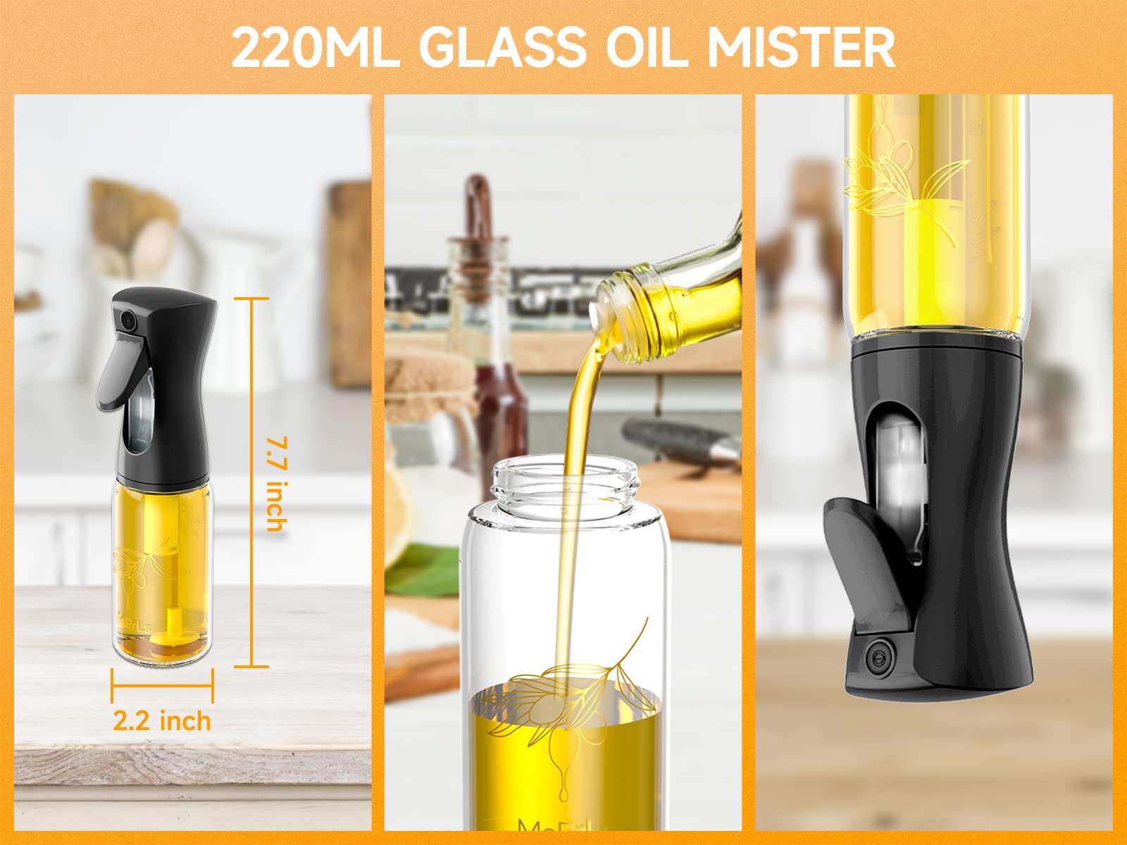 Oil Sprayer for Cooking,220ML Glass Olive Oil Sprayer Mister,Kitchen Gadgets Accessories,Continuous Spray with Control,Save Oil,Widely Used for Salad Making, Baking, Frying, BBQ, Roasting,Black