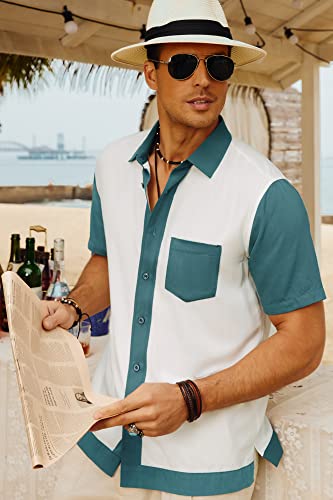 PJ PAUL JONES Men 50s Retro Bowling Shirt Short Sleeve Summer Beach Shirt White, Small